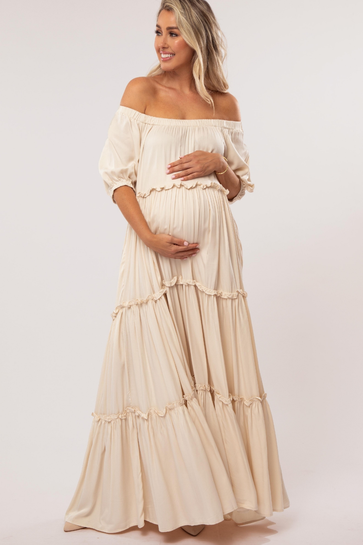 Click here for Pinkblush Cream Off Shoulder Ruffle Tiered Materni... prices