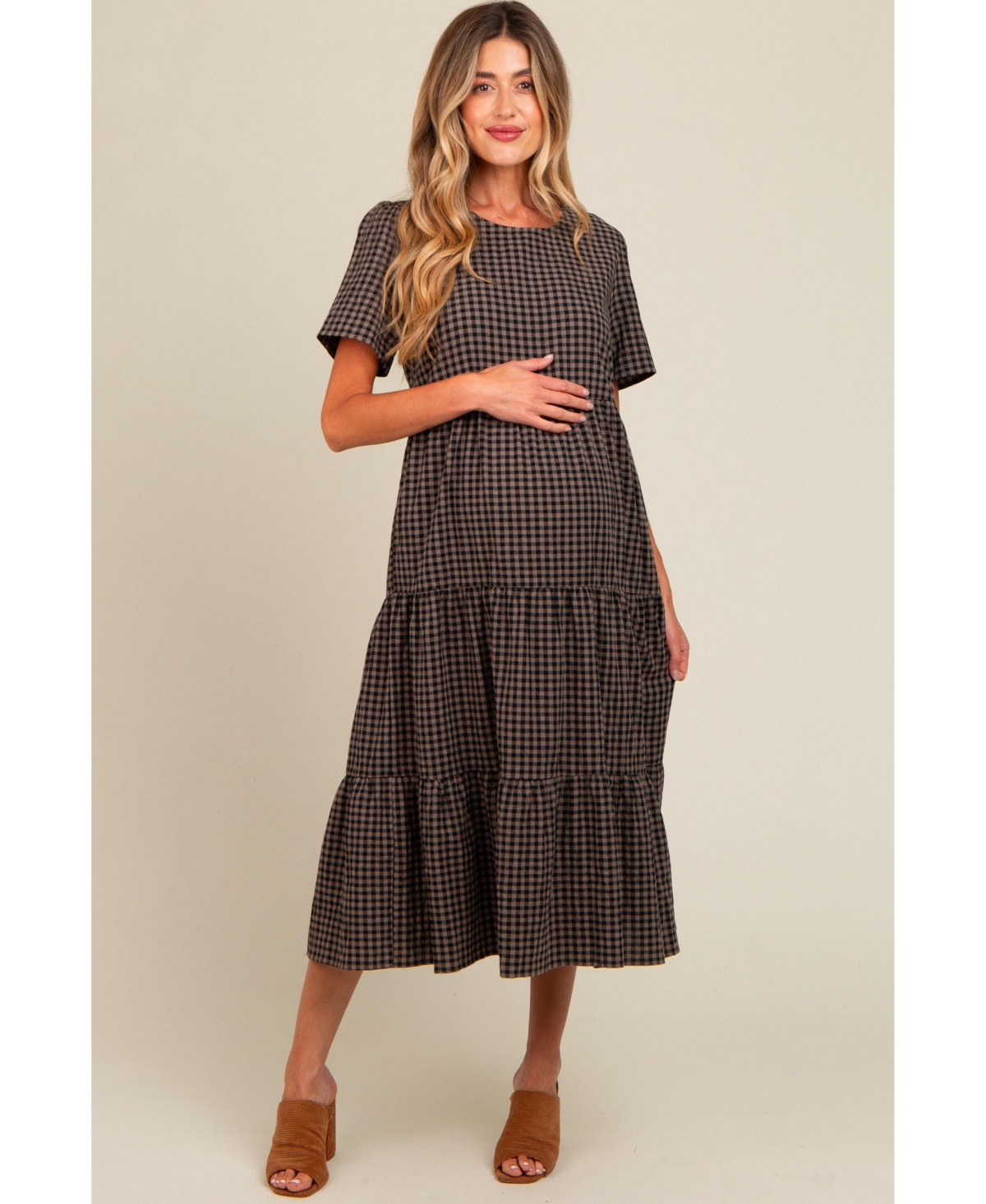 Click here for Pinkblush Maternity Black Gingham Tiered Midi Dres... prices