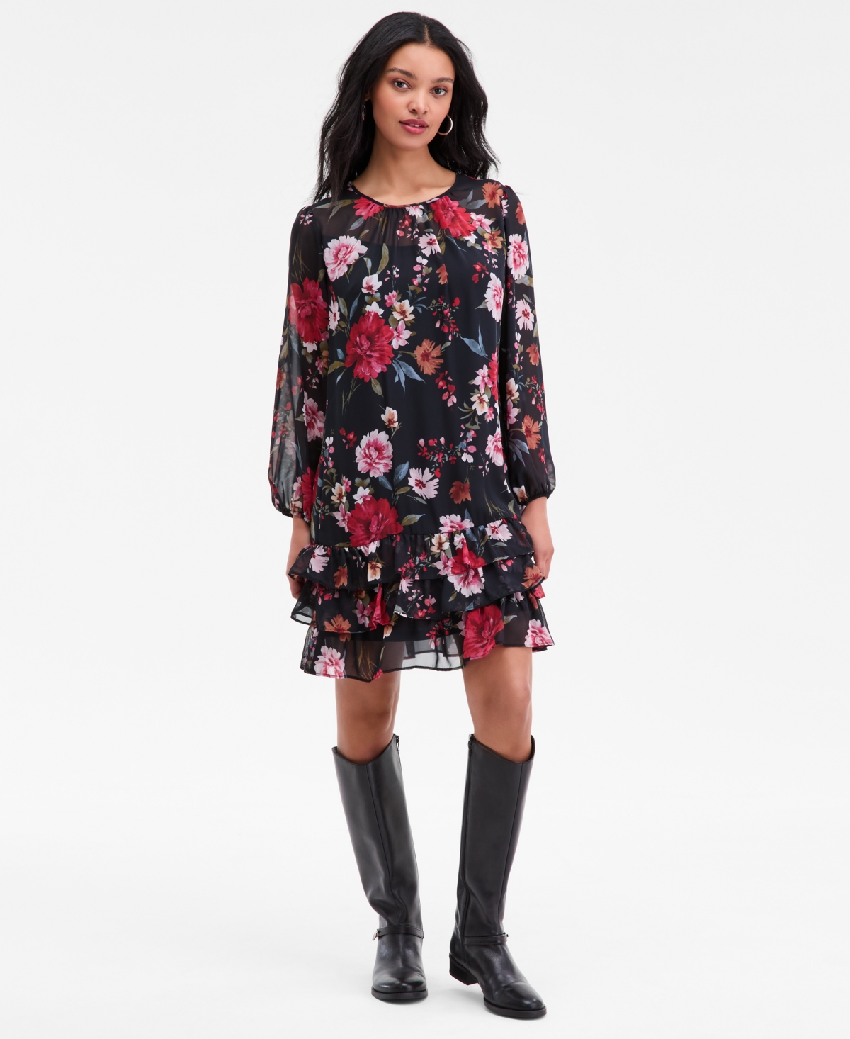 Click here for Robbie Bee Petite Floral Long-Sleeve Tiered-Hem Dr... prices