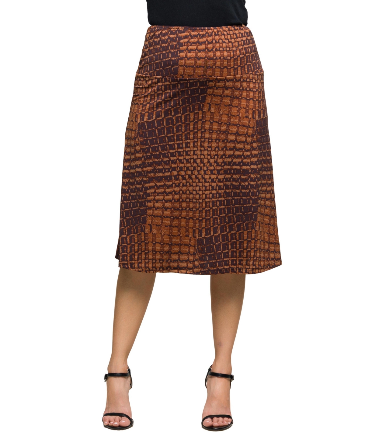 24seven Comfort Apparel Womens Brown Geometric Print Knee Length Skirt - Brown Multi