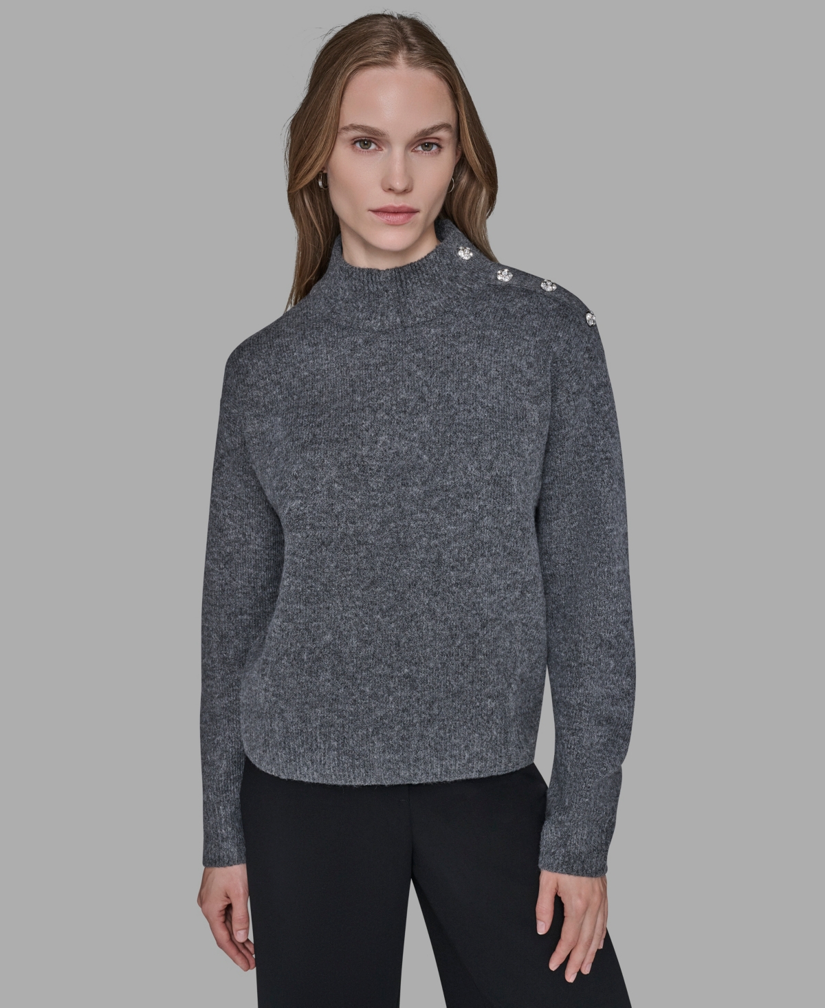 Karl Lagerfeld Paris Womens Button Shoulder Long Sleeve Sweater - Dusk Grey Heather