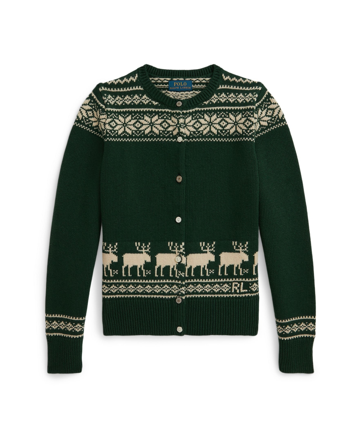 Polo Ralph Lauren Girls 7-16 Long Sleeves Fair Isle Reindeer Cardigan - Northwest Pine Multi