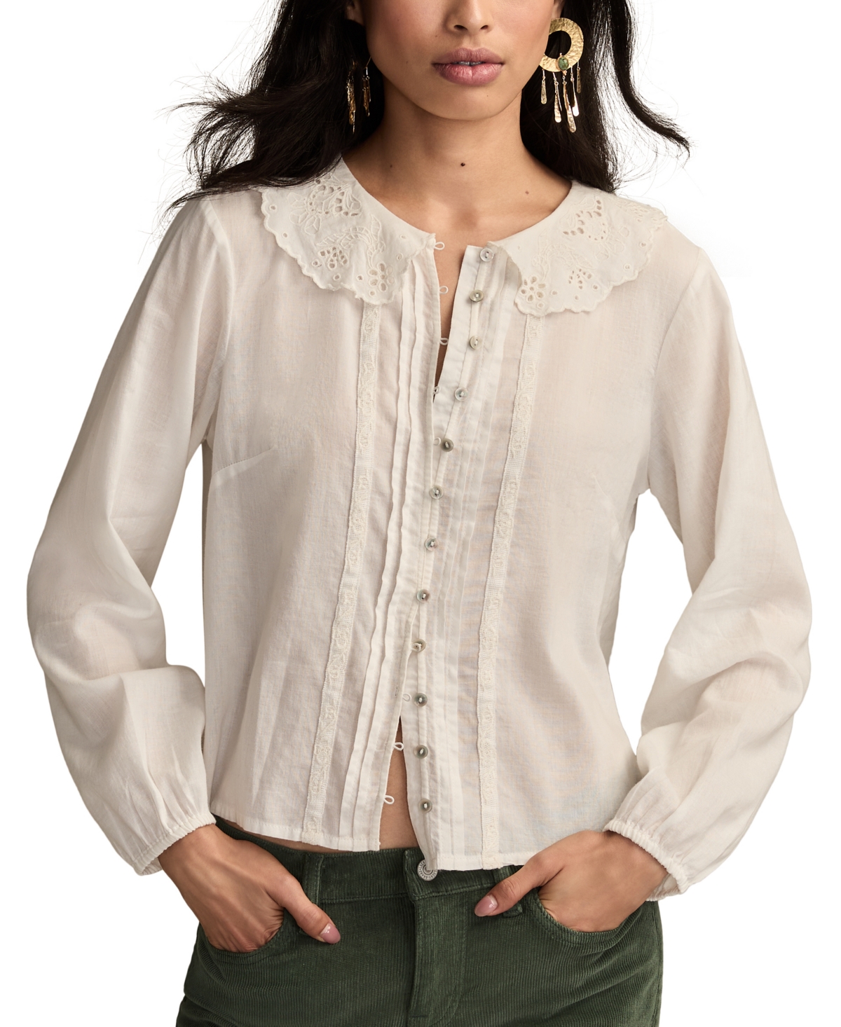 Click here for Lucky Brand Womens Cutwork Peter Pan Collar Top -... prices