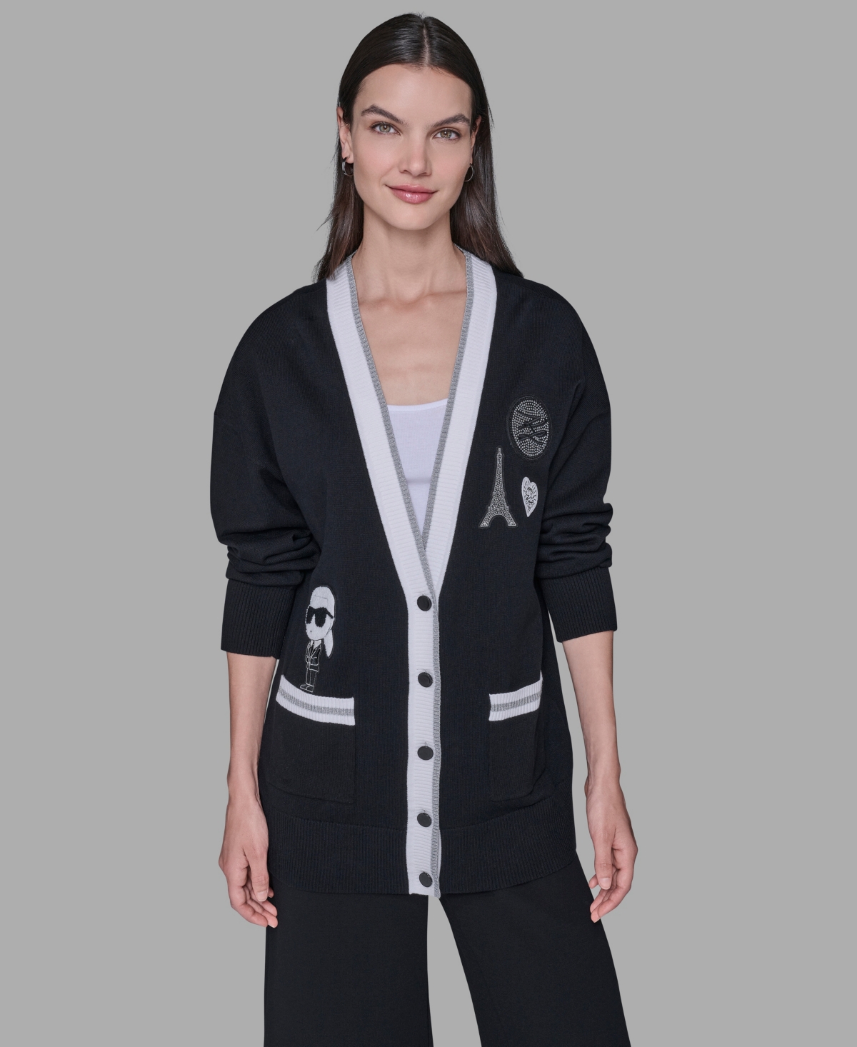 Click here for Karl Lagerfeld Paris Womens Patch Detail Cardigan... prices