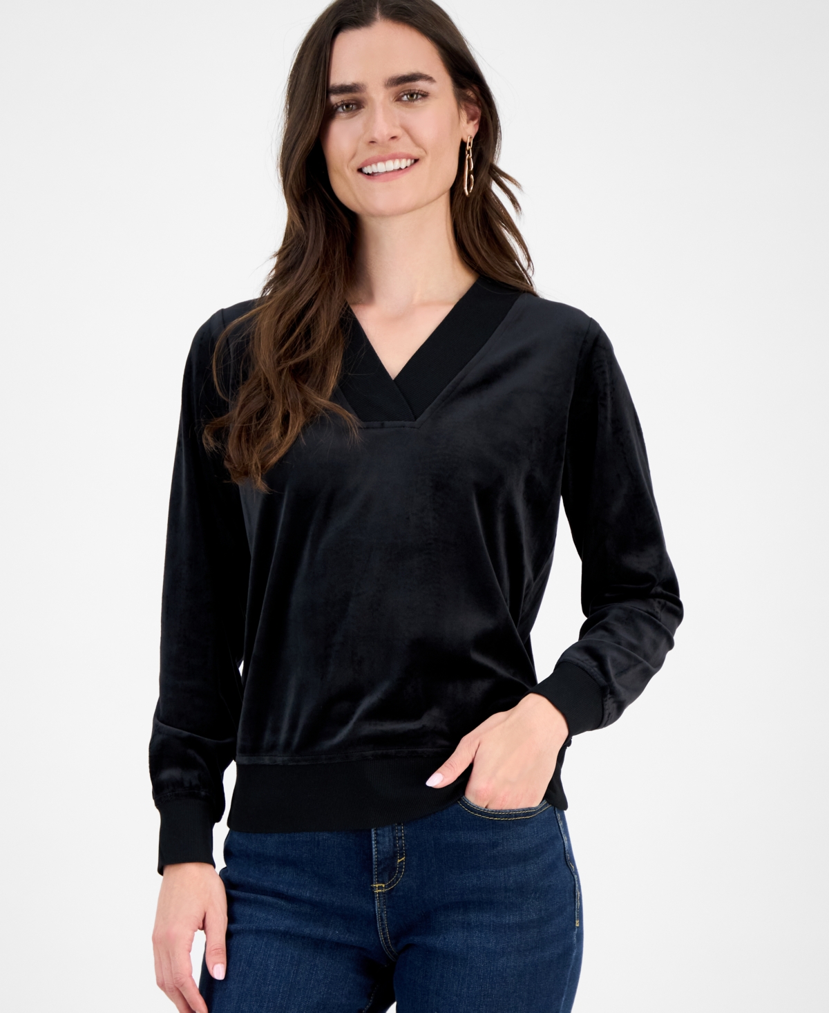 Click here for Style & Co Womens V-Neck Velour Pullover Top  Macy... prices