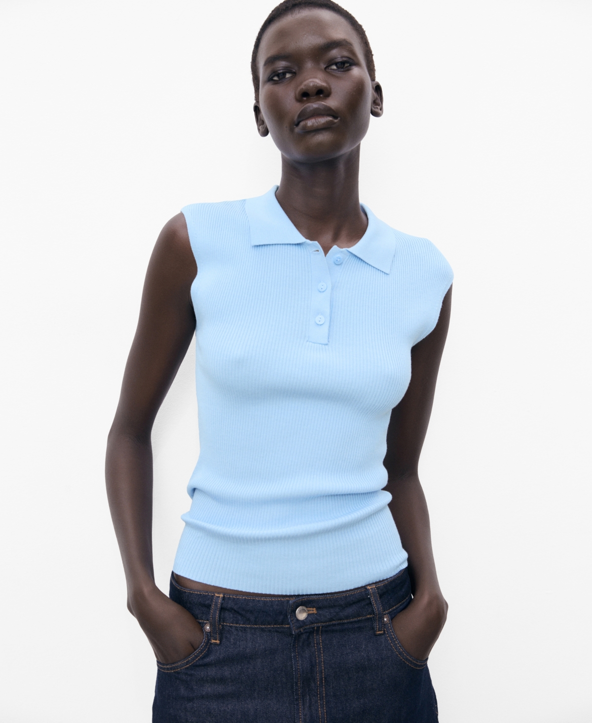 Click here for Mango Womens Polo-Neck Knitted Top - Sky Blue prices