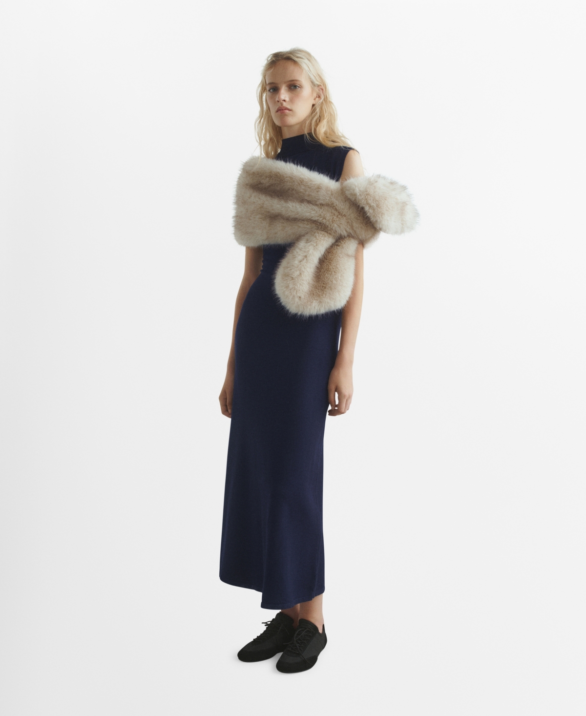 Click here for Mango Womens Perkins-Neck Knitted Dress - Navy prices