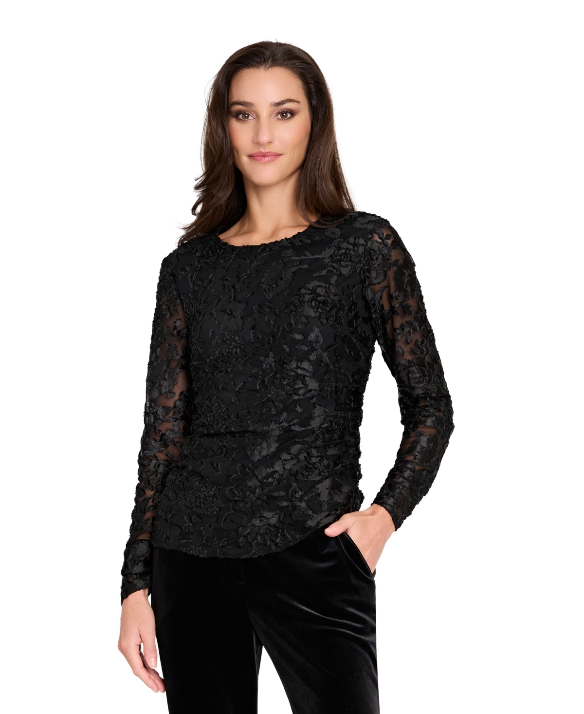 Click here for Tahari Asl Womens Burnout Long Sleeves Top - Black prices