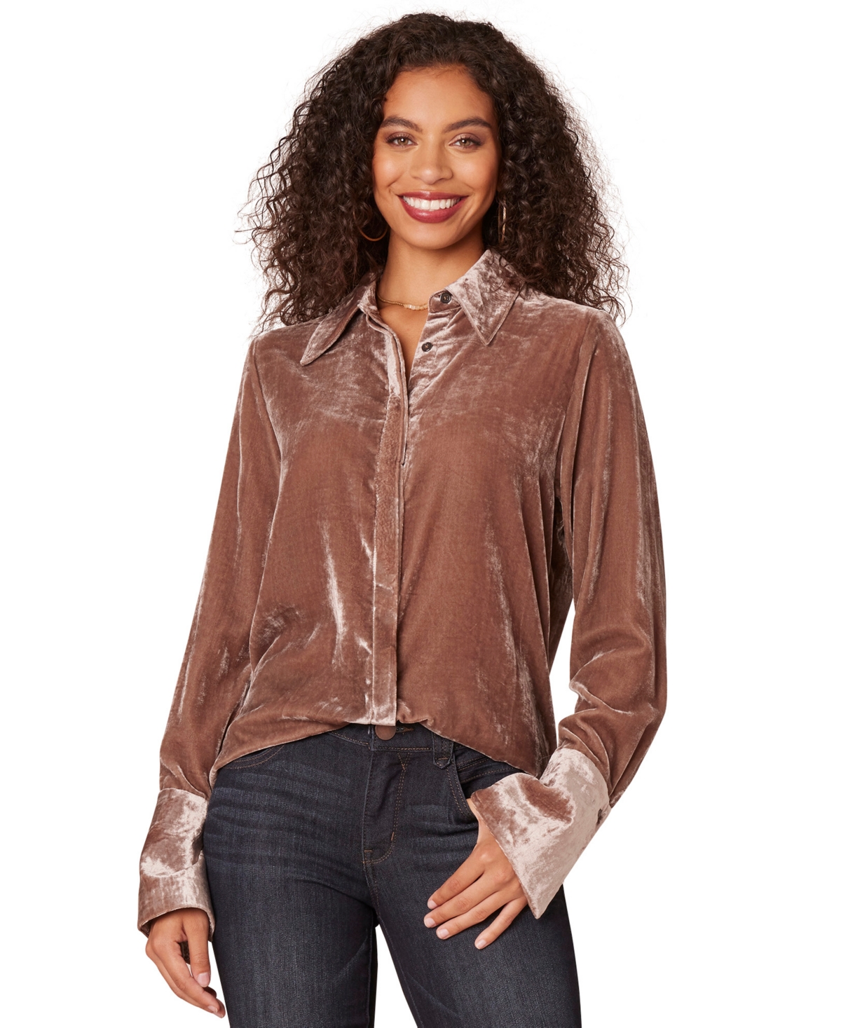 Click here for Democracy Petite Velvet Button-Front Top - Oyster... prices