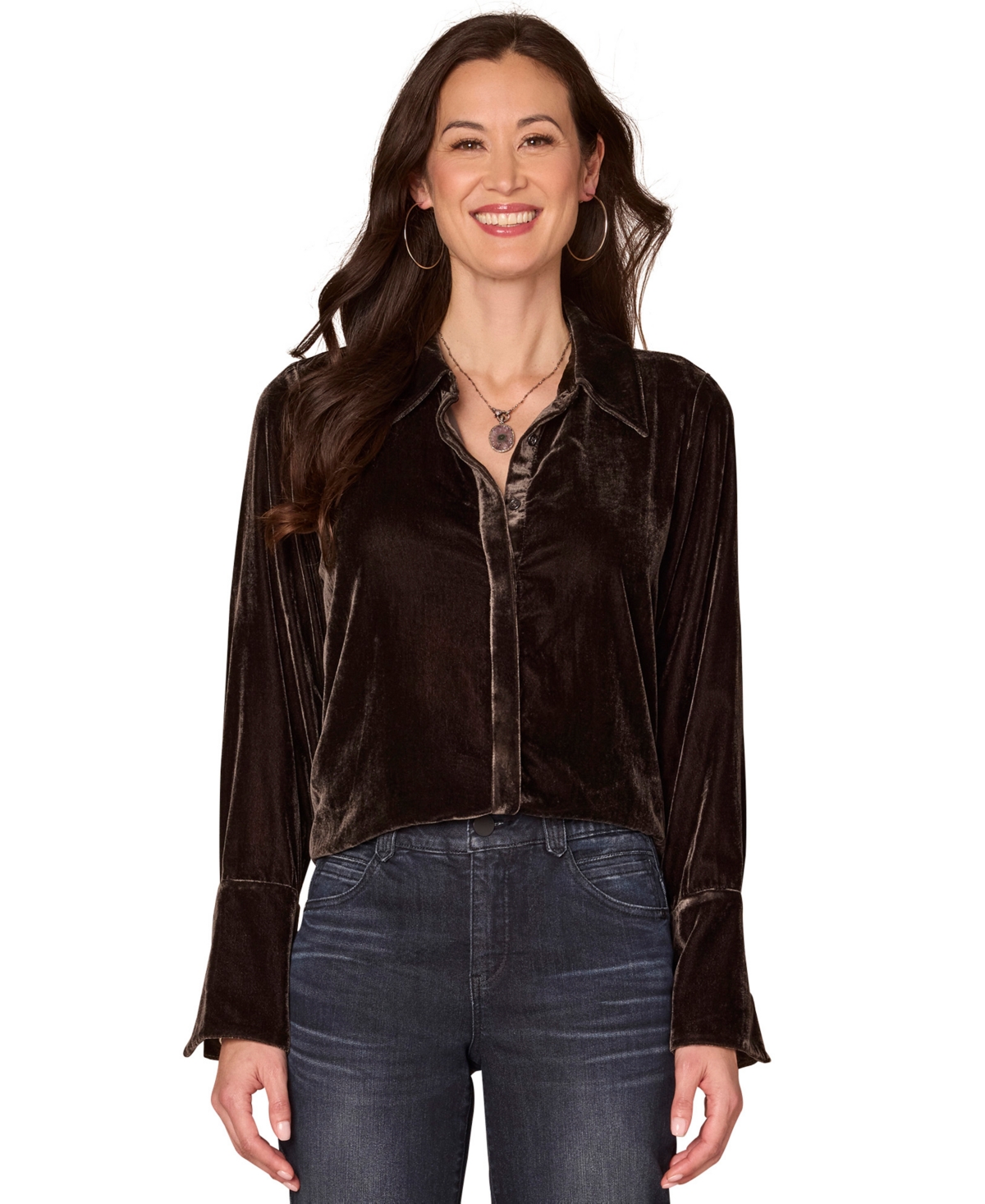 Click here for Democracy Petite Velvet Button-Front Top - Dark Ro... prices