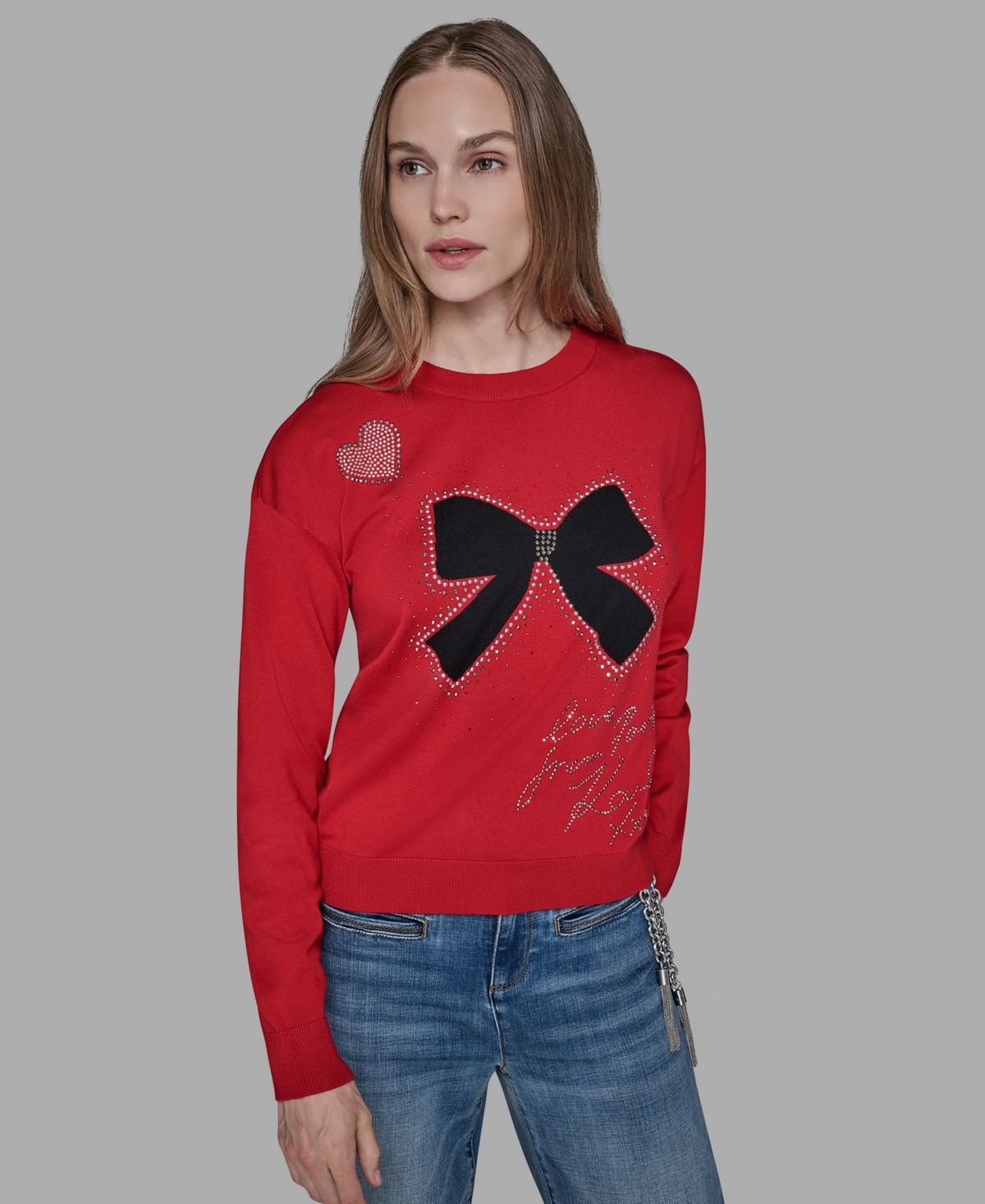 Karl Lagerfeld Paris Petite Bow Long Sleeves Sweater - Admiral Red/Black