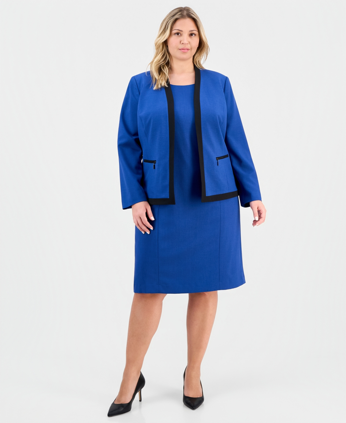 Click here for Le Suit Plus Size Collarless Open-Front Jacket & D... prices