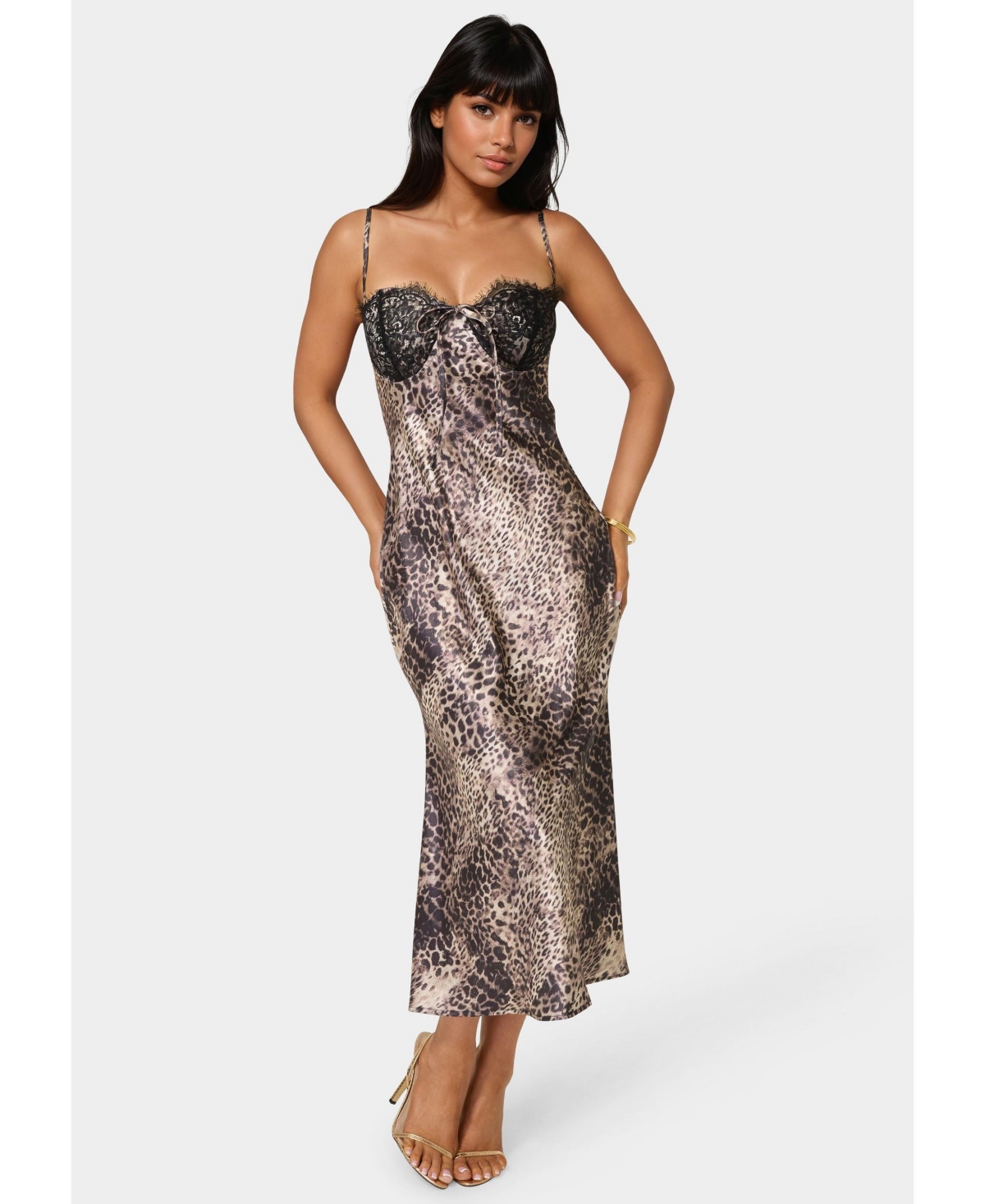 Click here for Bebe Womens Satin Maxi with Lace Cups - Leopard prices