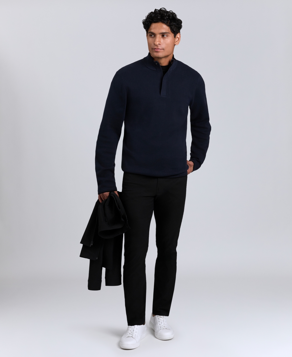 Click here for Kenneth Cole Mens Quarter Zip Sweater - Navy prices