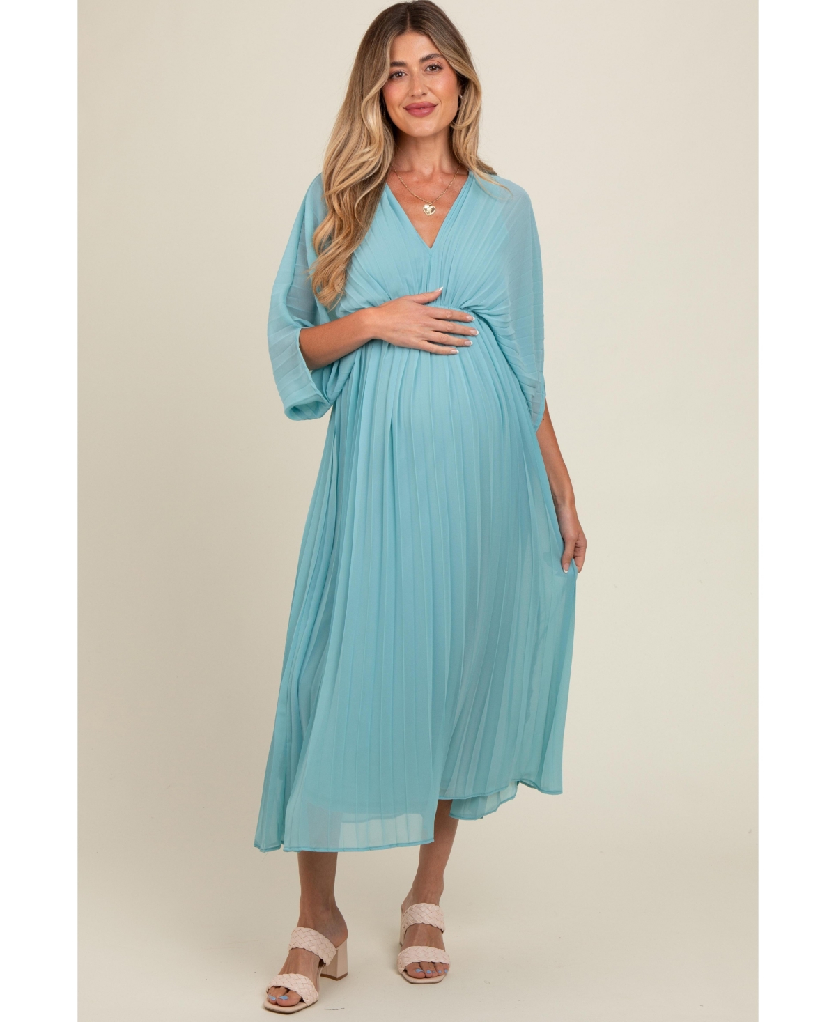 Click here for Pinkblush Maternity Blue Pleated V Neck Maxi Dress... prices