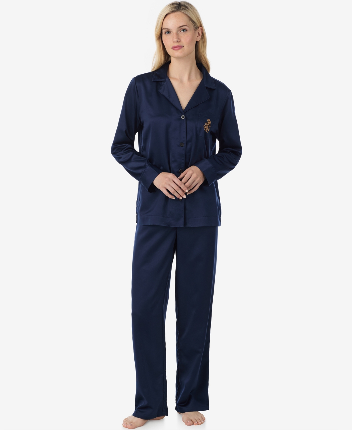 Lauren Ralph Lauren Womens Long Sleeves Notch Collar Pajama Set - Blue