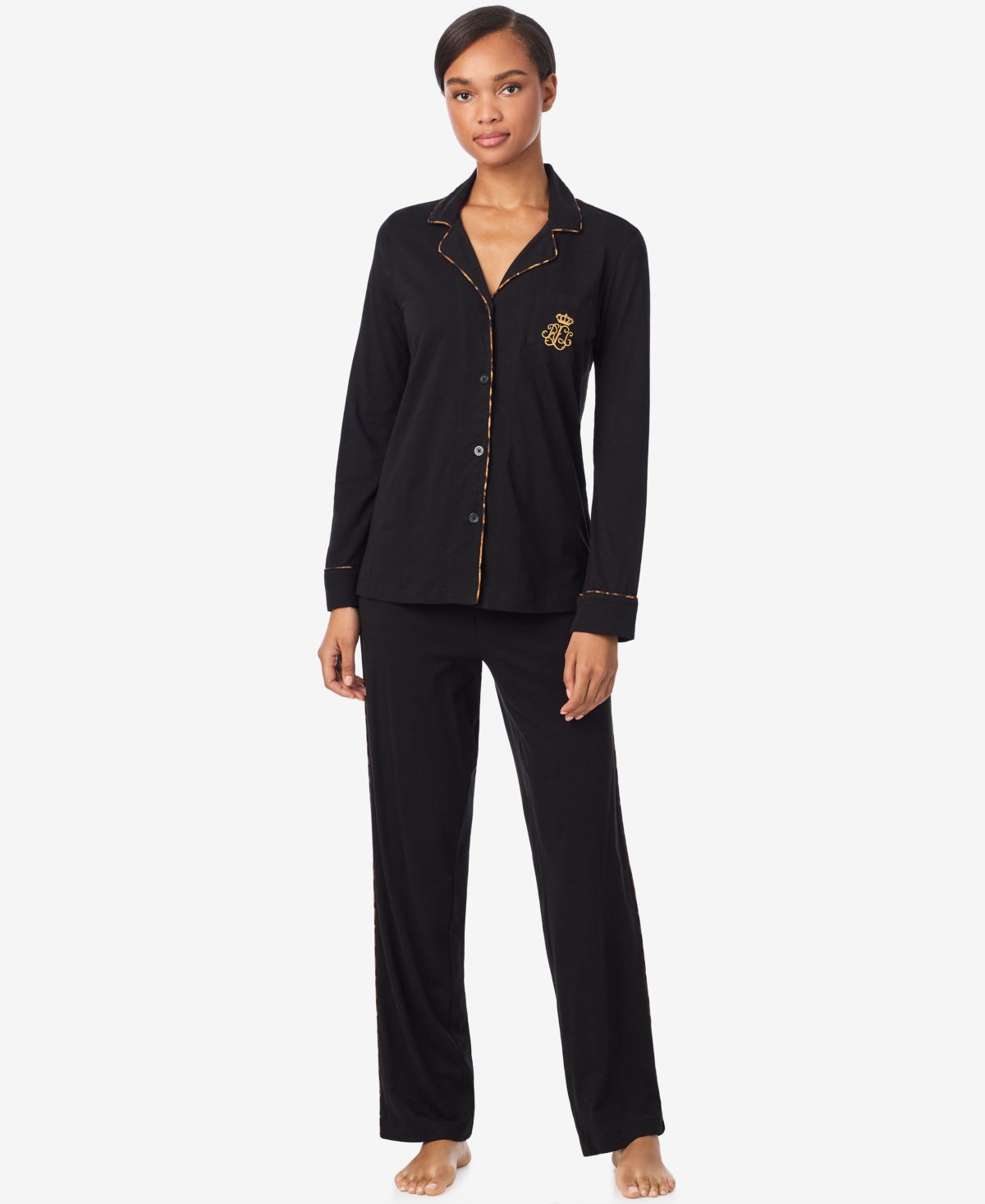 Lauren Ralph Lauren Womens Long Sleeves Notch Collar Pajama Set - Black