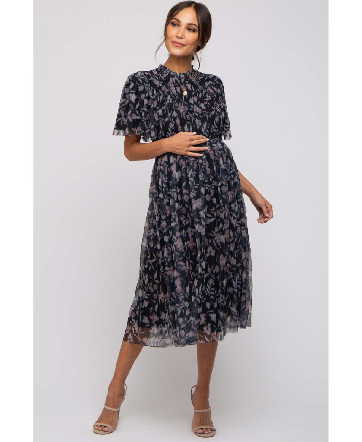 Click here for Pinkblush Maternity Black Floral Smocked Mesh Knit... prices