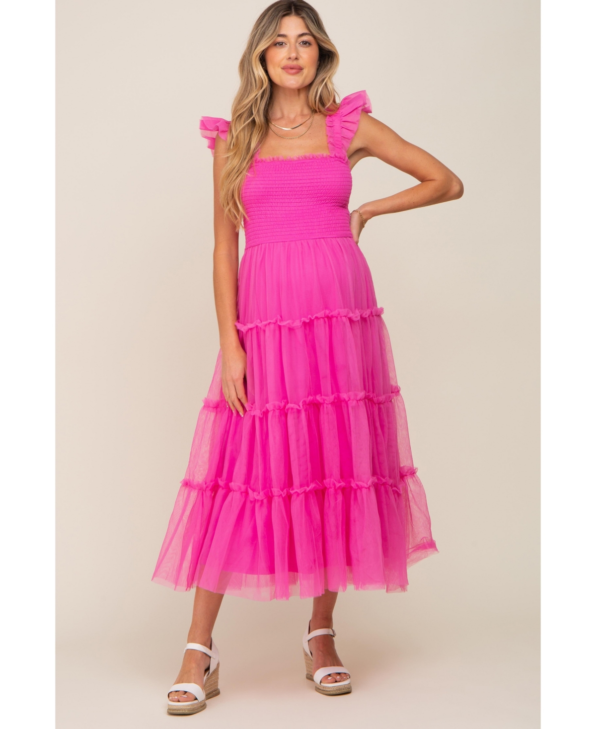 Click here for Pinkblush Maternity Smocked Mesh Ruffle Accent Mid... prices