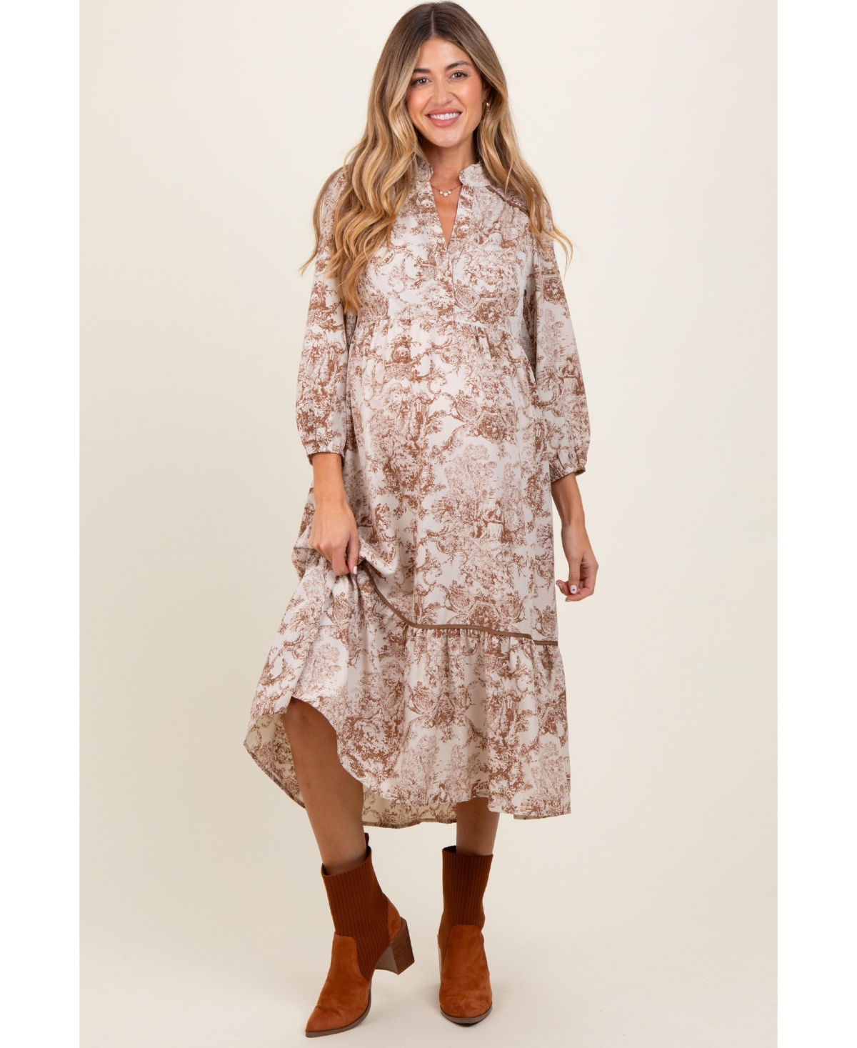 Click here for Pinkblush Maternity Brown Printed Split Ruffle Col... prices