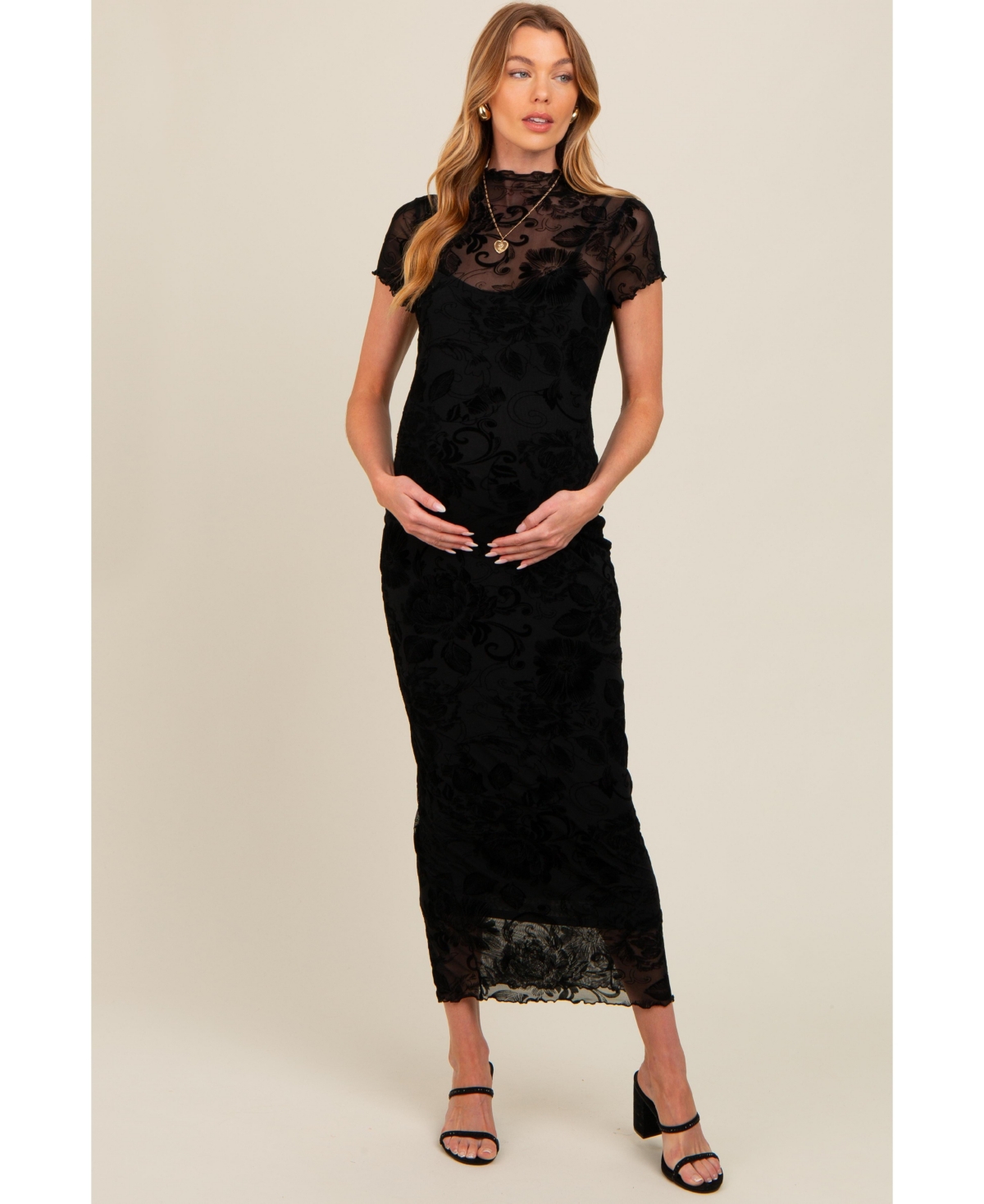 Pinkblush Black Floral Mesh Overlay Fitted Maternity Maxi Dress - Black