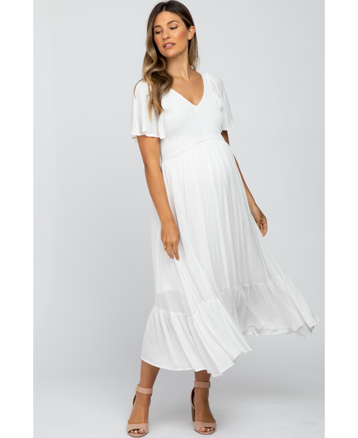 Click here for Pinkblush Maternity Ivory Smocked V-Neck Midi Dres... prices