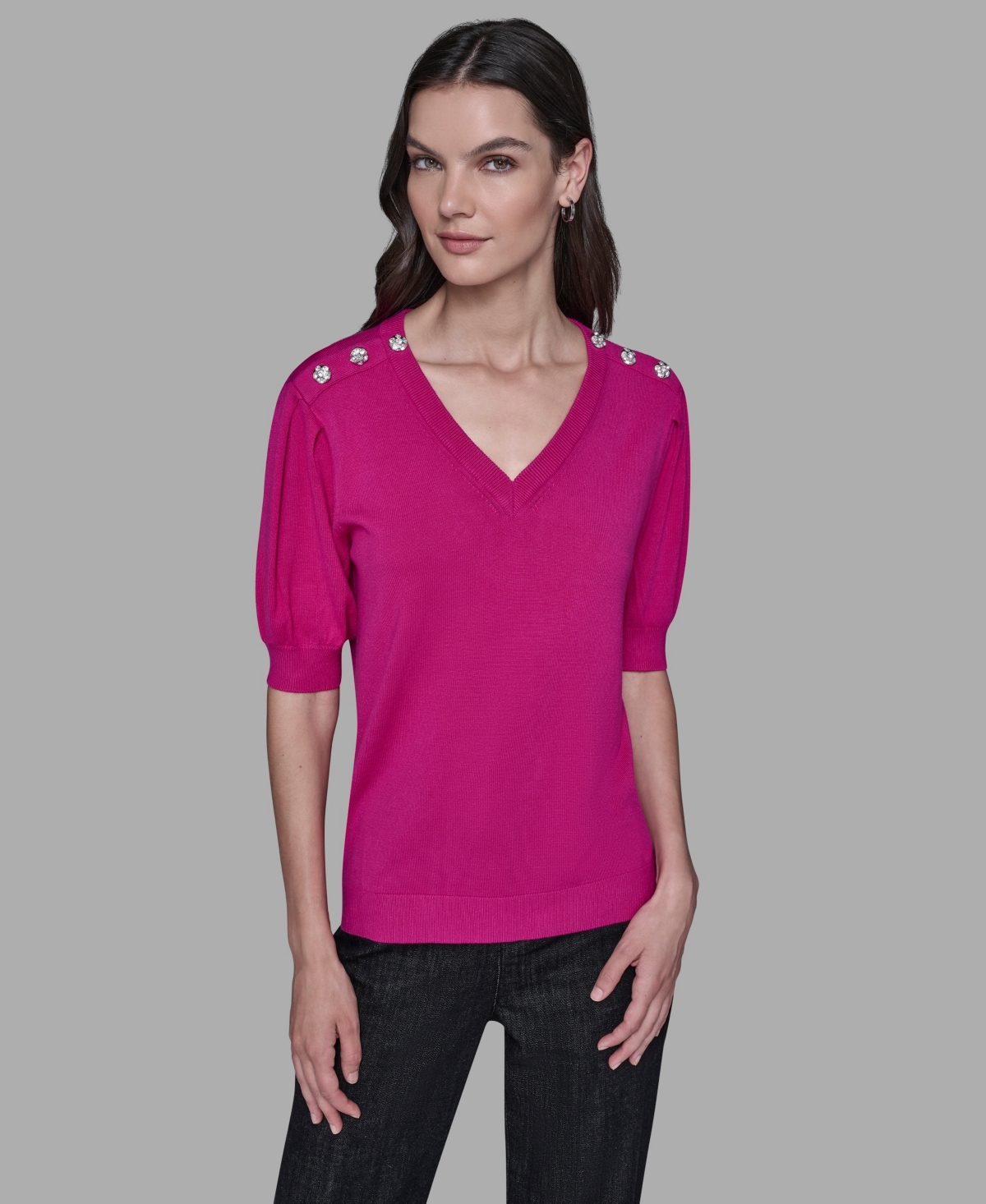 Karl Lagerfeld Paris Womens V-Neck Button Detail Sweater - Bright Jewel Pink