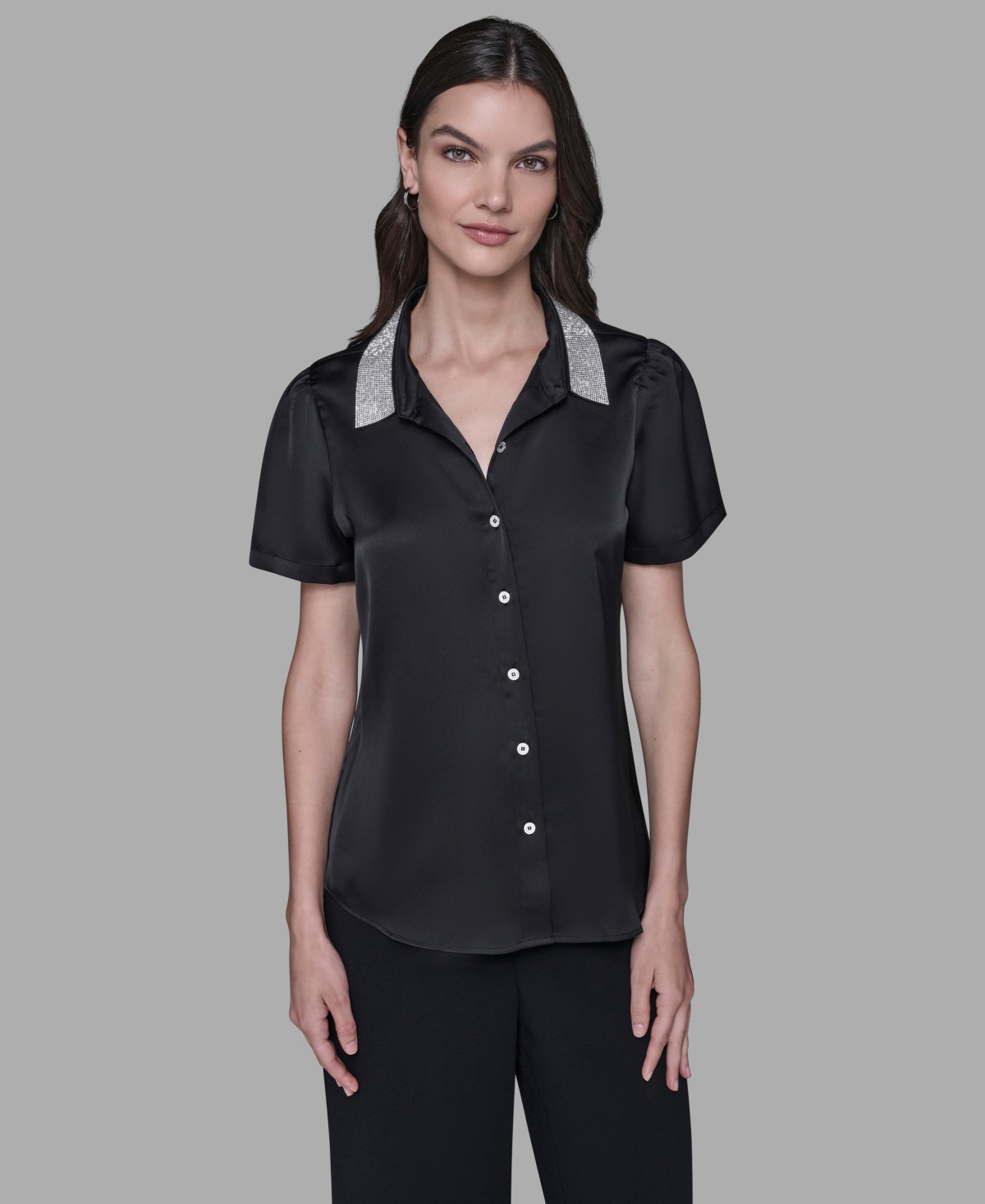 Karl Lagerfeld Paris Womens Collar Embellished Short Sleeve Top - Black