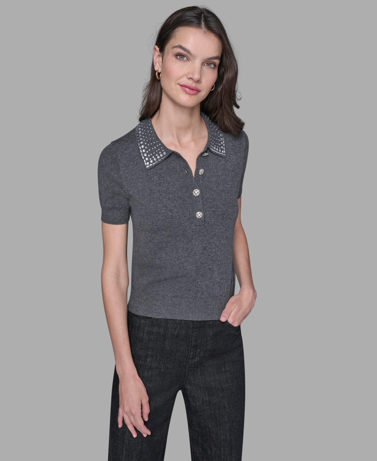Karl Lagerfeld Paris Womens Embellished Collar Sweater - Gray heather