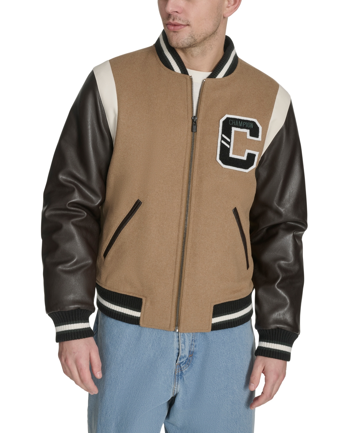 Click here for Champion Mens Mixed-Media Varsity Bomber Jacket -... prices
