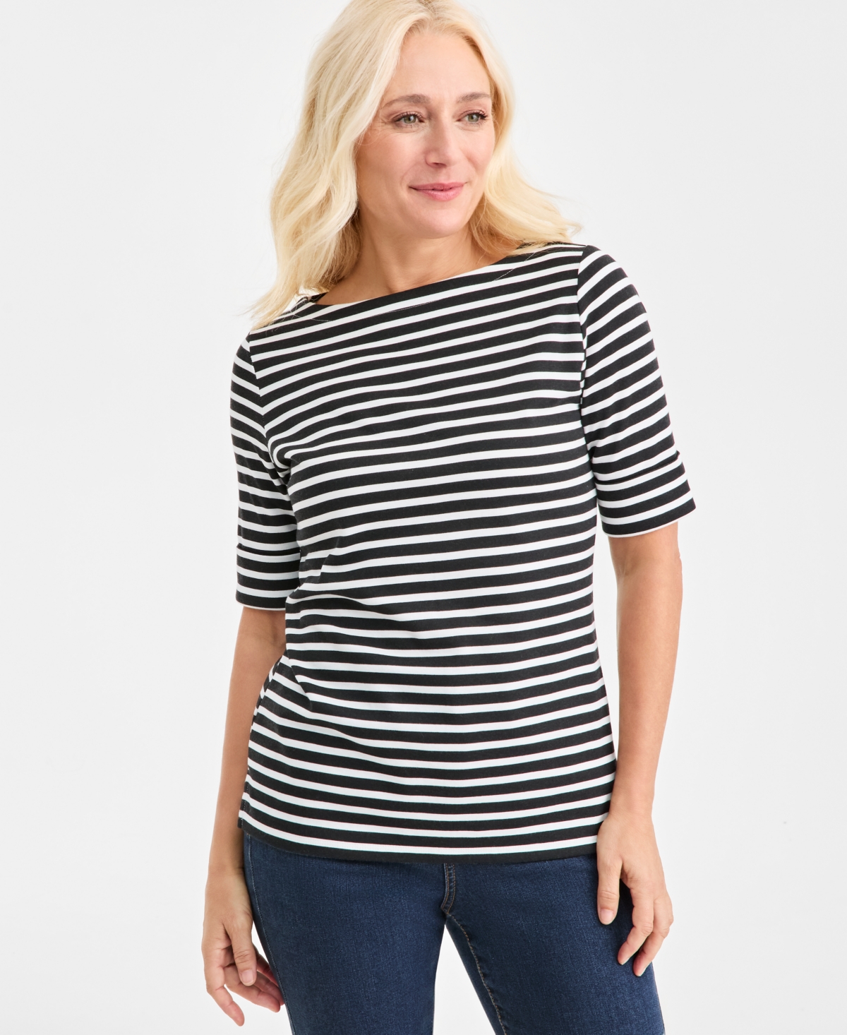 Click here for Style & Co Petite Elbow-Sleeve Washed Stripe Knit... prices