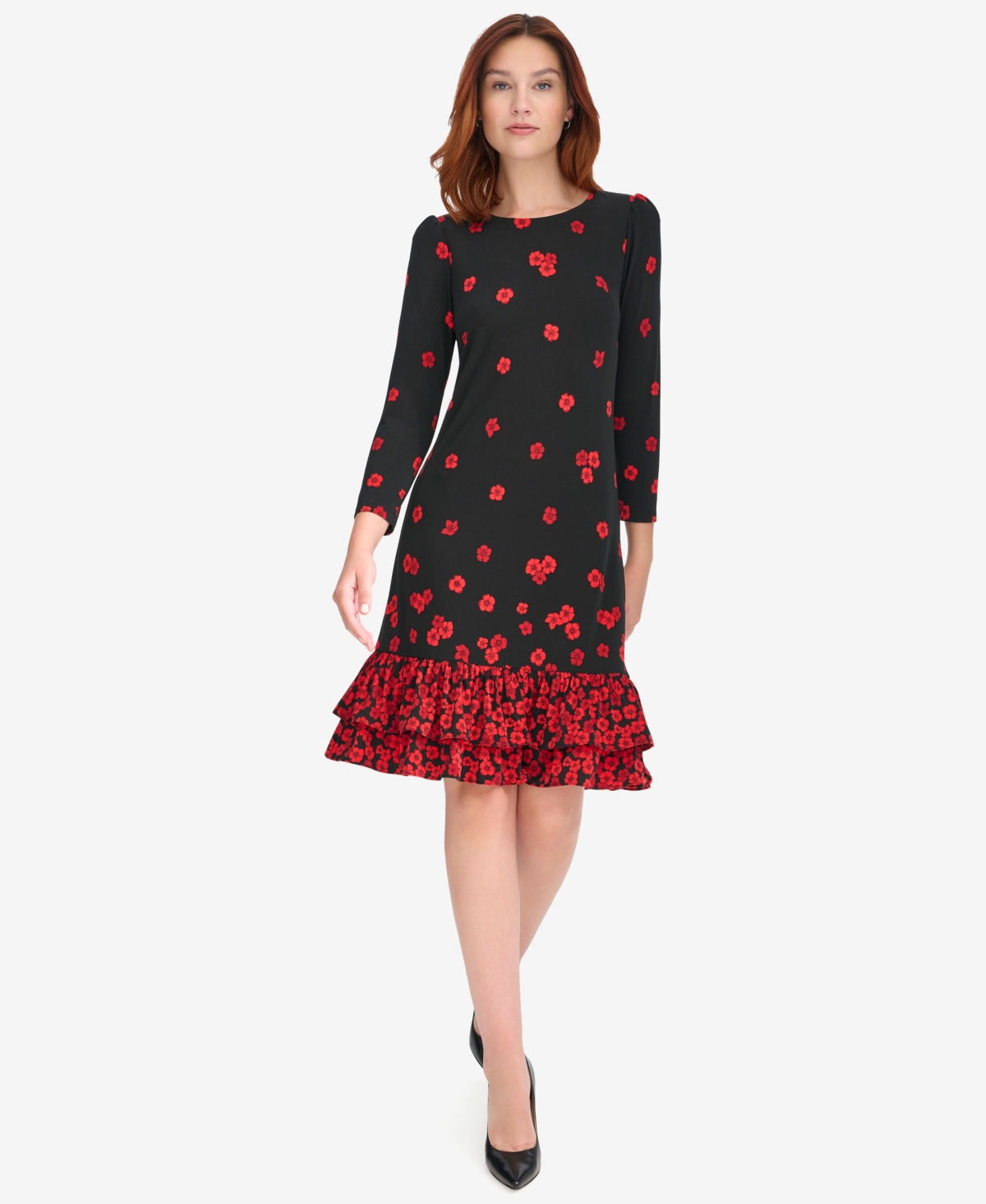 Tommy Hilfiger Petite Placement Print Ruffle Hem Dress - Black/Scarlet