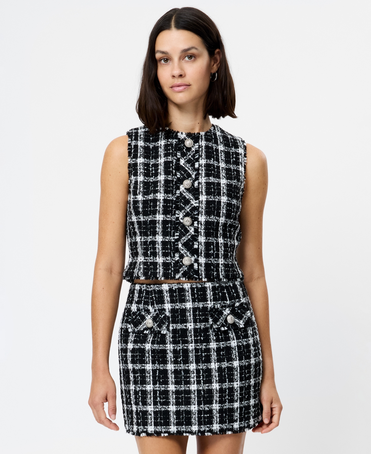 Click here for Fcuk Womens Windowpane Tweed Sleeveless Crop Top -... prices