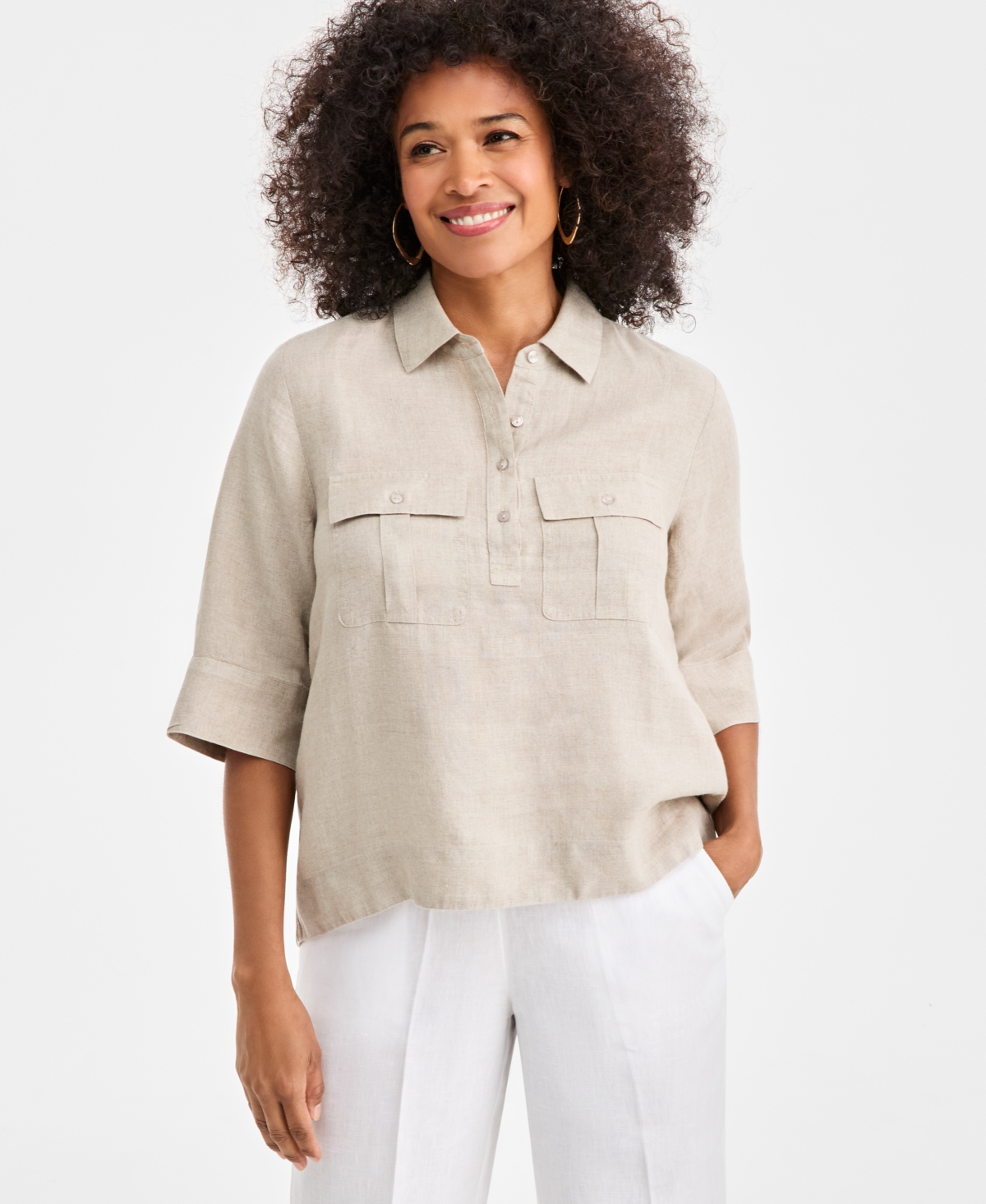 Click here for Charter Club Womens 100 Linen Solid Half-Placket E... prices