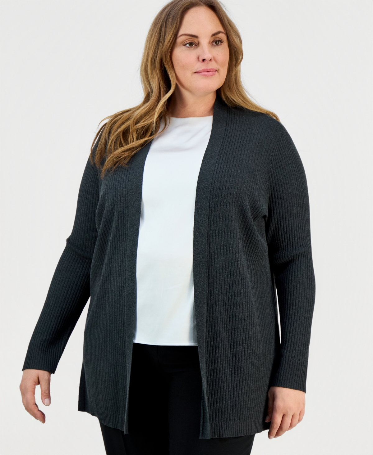 Click here for Jones New York Plus Size Sutton Open-Front Ribbed... prices