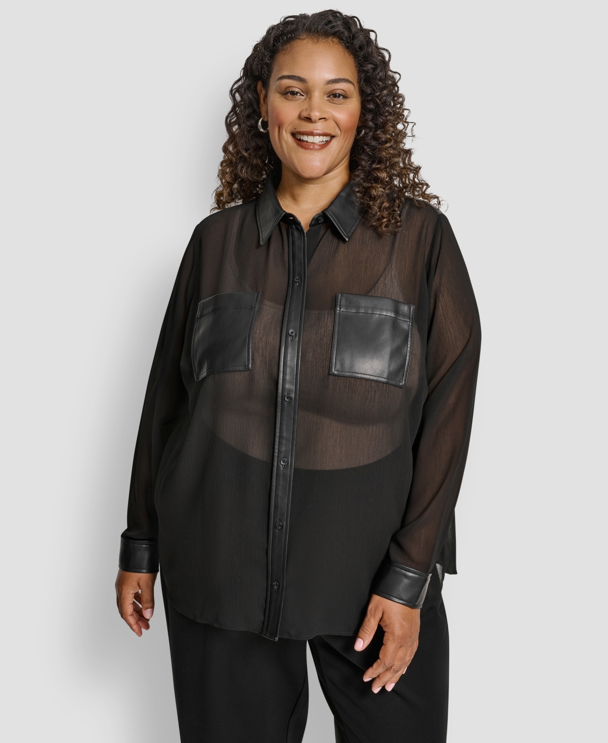 Click here for Dkny Plus Size Collared Neck Long Sleeve Top - Bla... prices