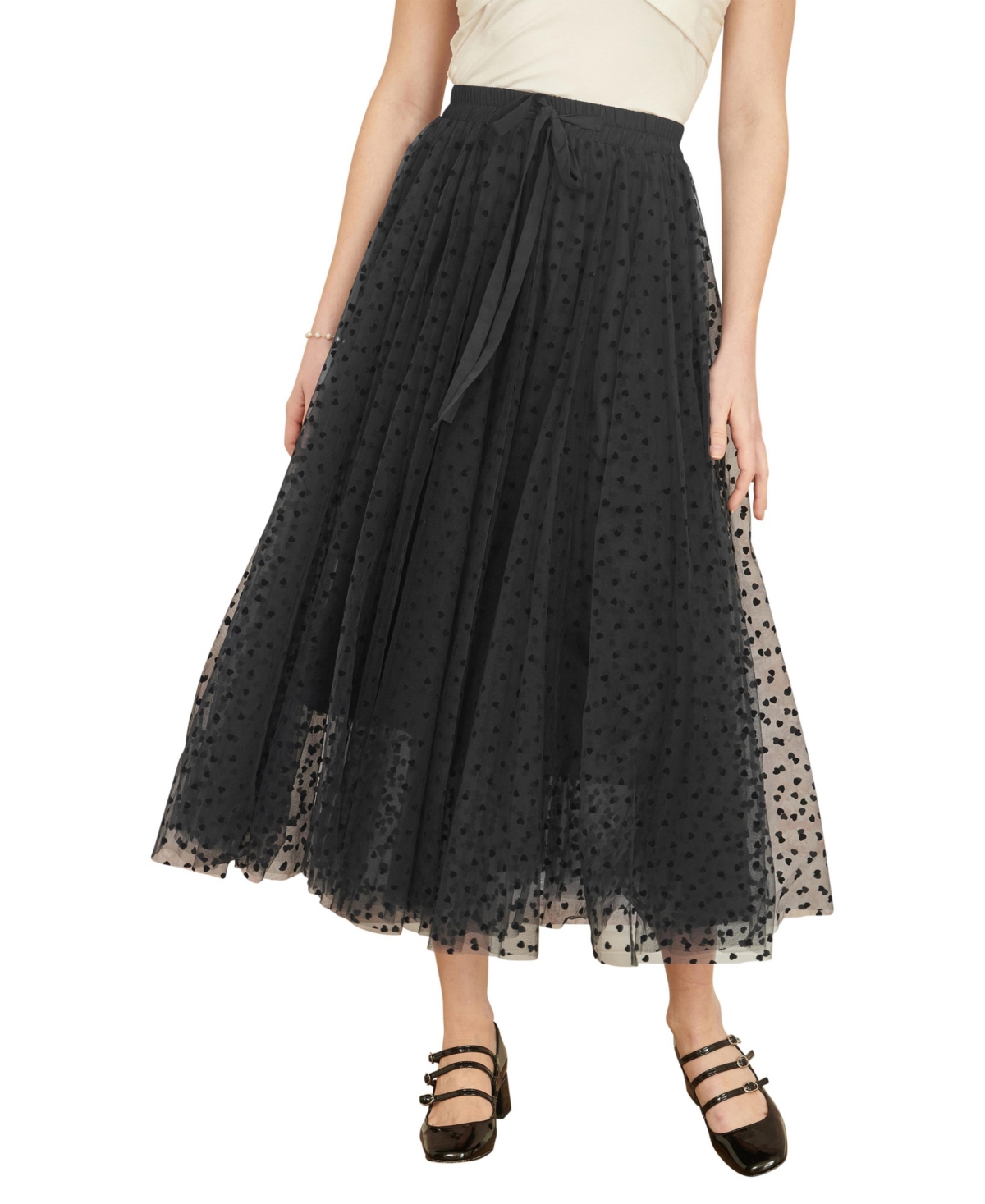 Click here for Yumi Womens Mesh Heart Print Tulle Skirt - Black prices