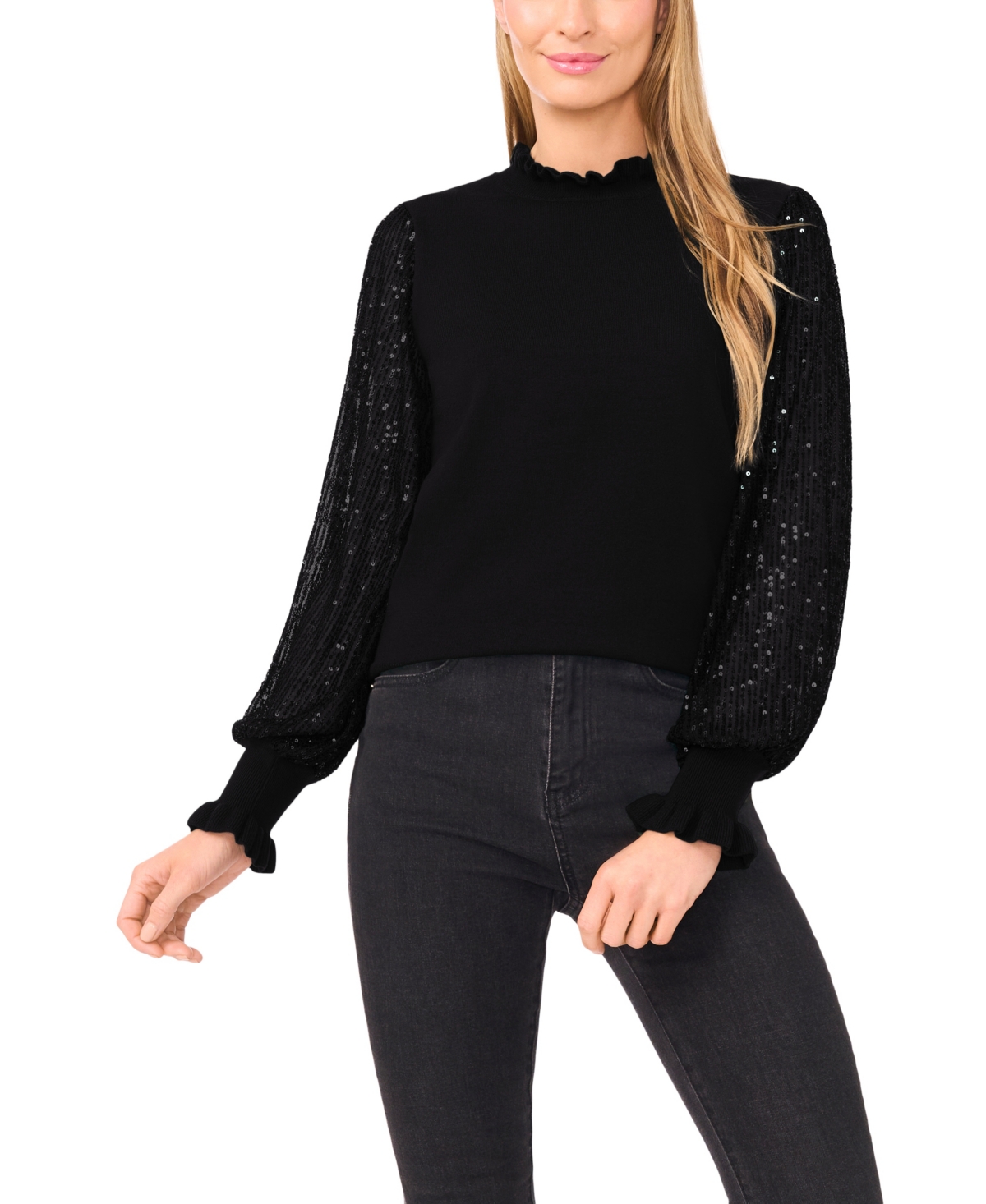 CeCe Womens Ruffle Trim Sequin Long Sleeves Sweater - Rich Black