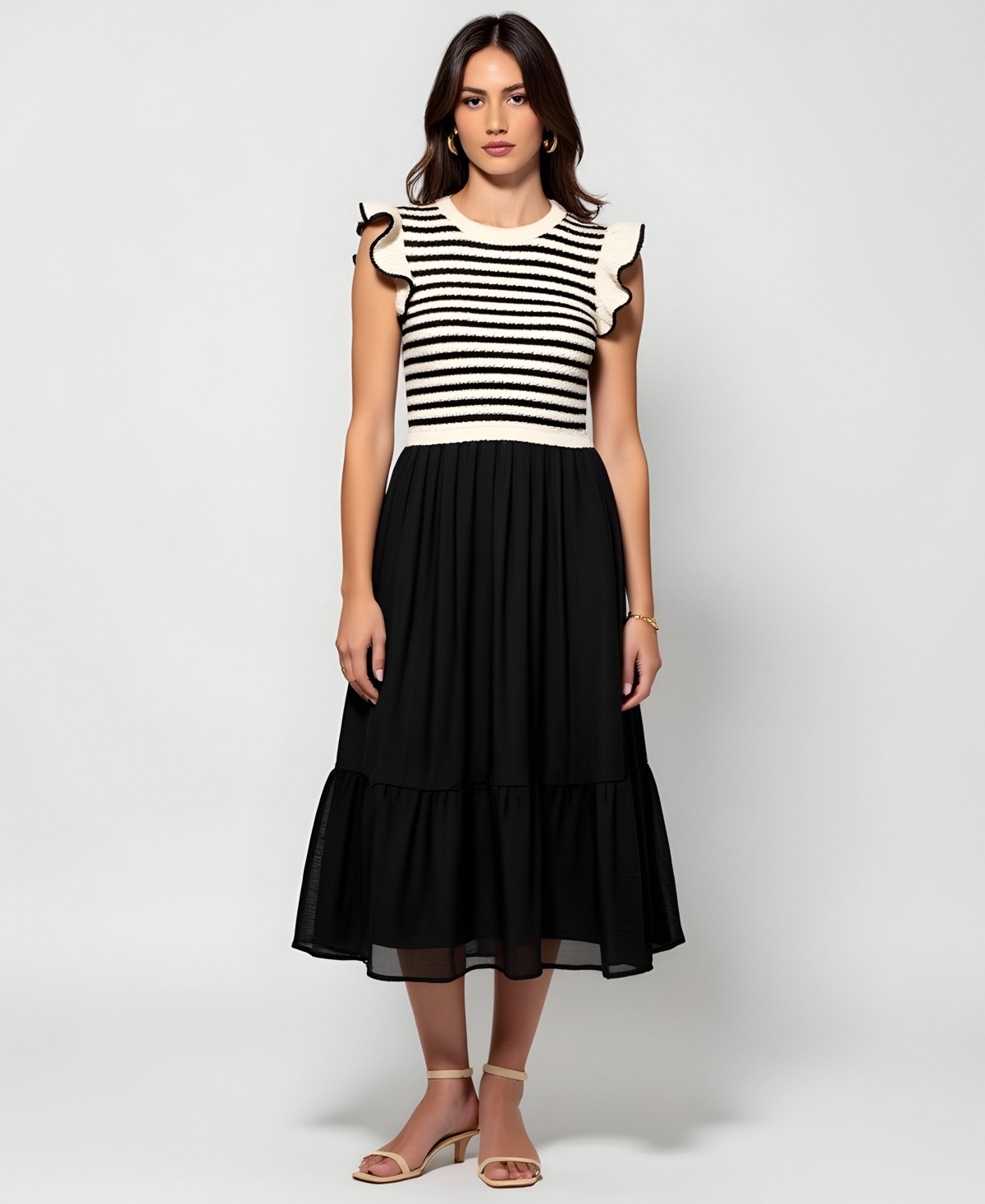 Click here for Modenaire Womens Striped Ruffle-Sleeve Tiered Midi... prices