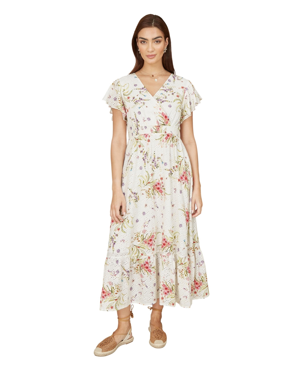 Click here for Yumi Womens Floral Broderie Anglaise Wrap Midi Dre... prices