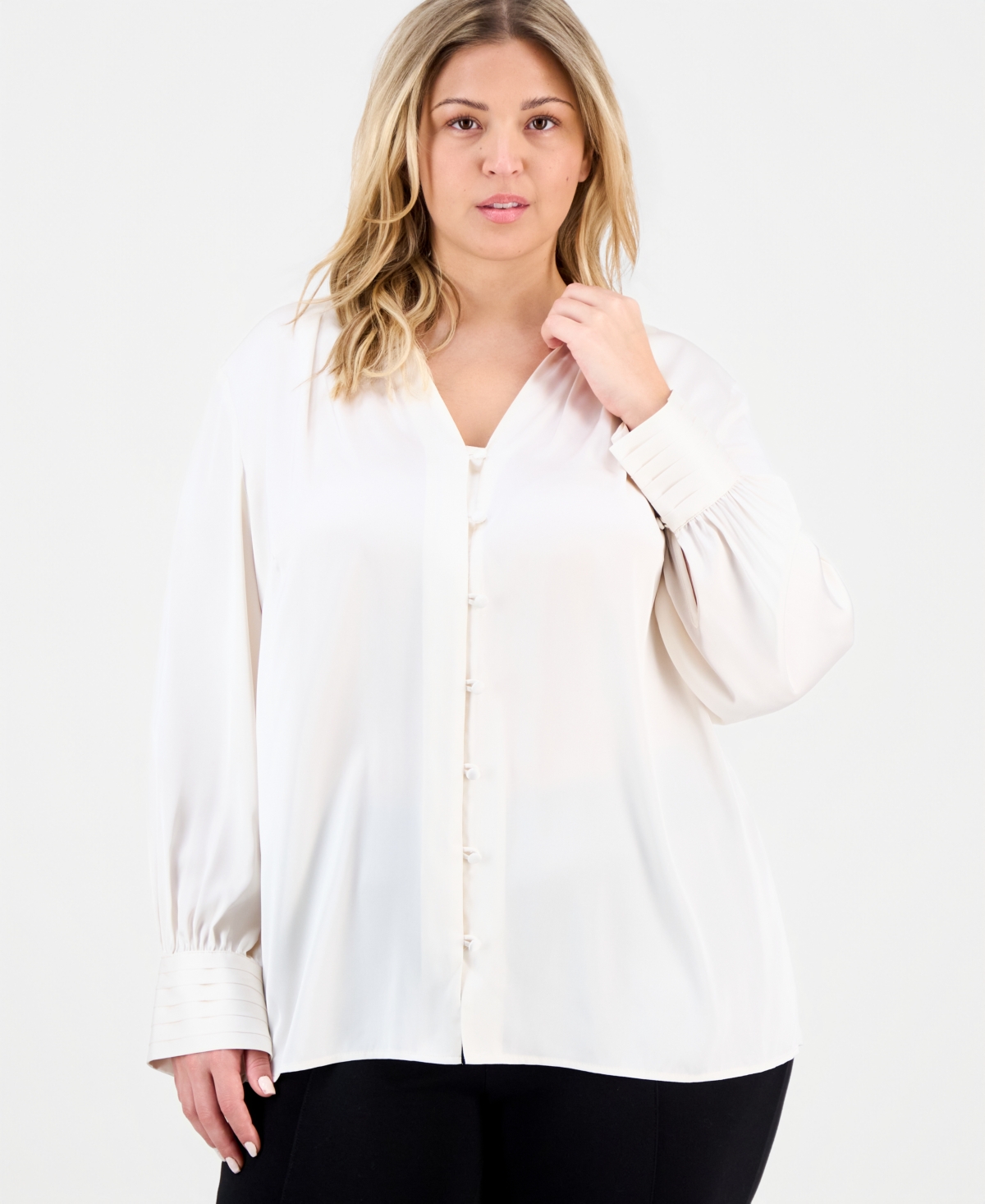 Click here for Anne Klein Plus Size Matte Satin V-Neck Pleated-Cu... prices