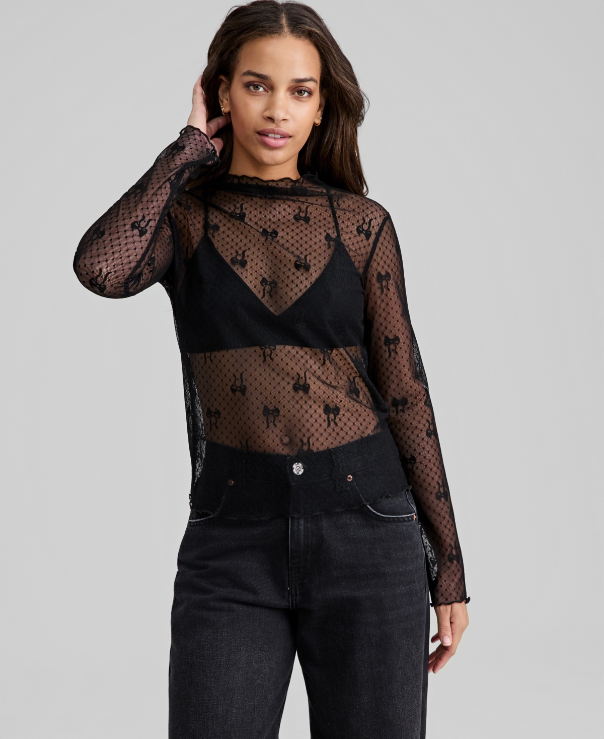 Click here for And Now This Womens Bow-Motif Lace Mock Neck Top... prices