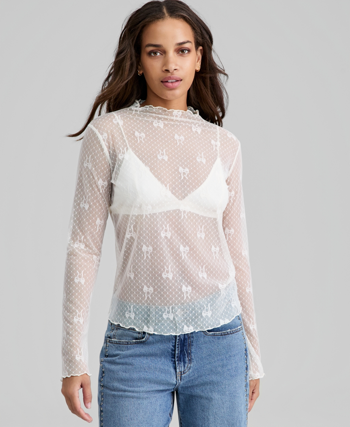 Click here for And Now This Womens Bow-Motif Lace Mock Neck Top... prices