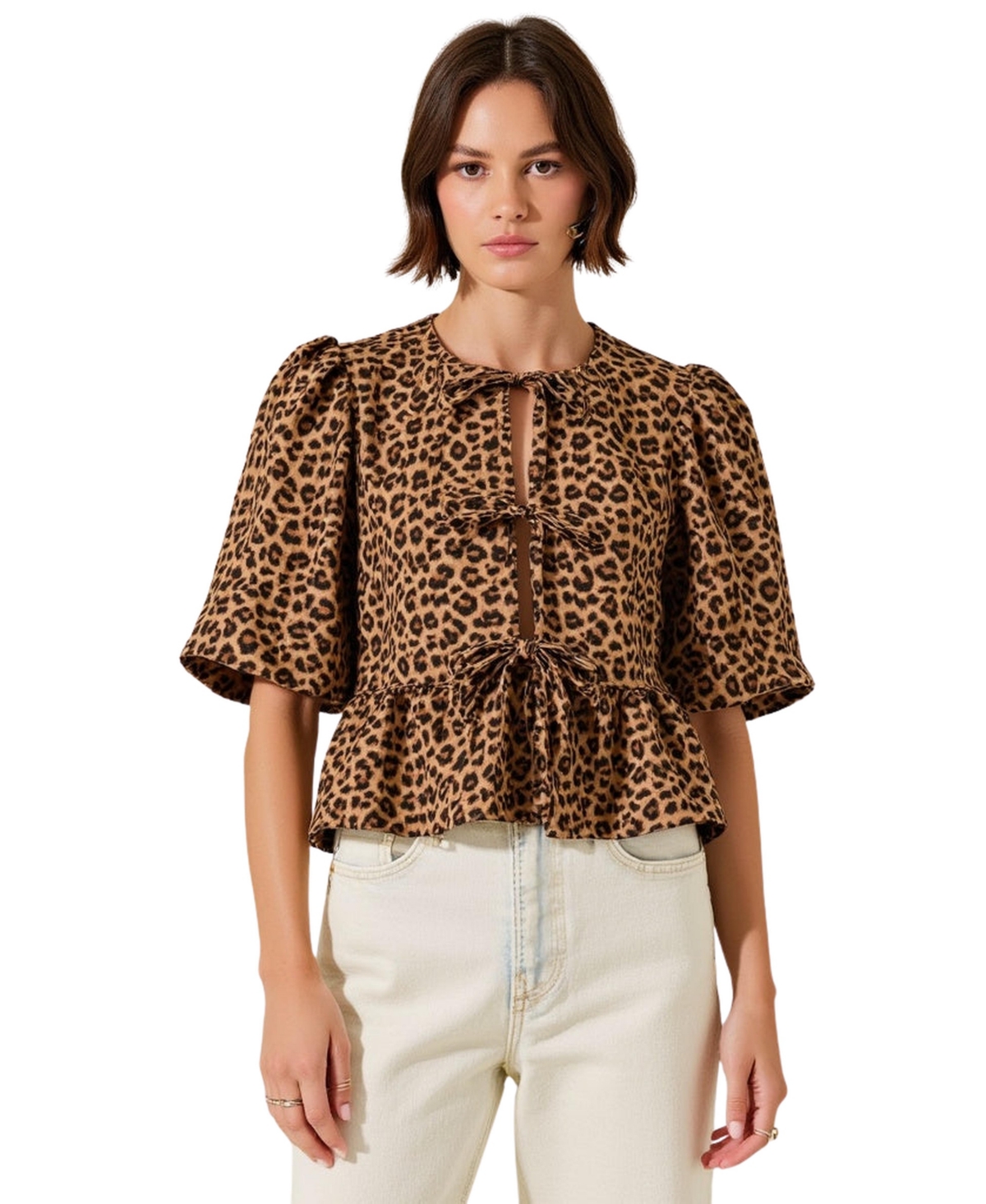 Click here for Modenaire Womens Leopard-Print Front-Tie Puff-Slee... prices