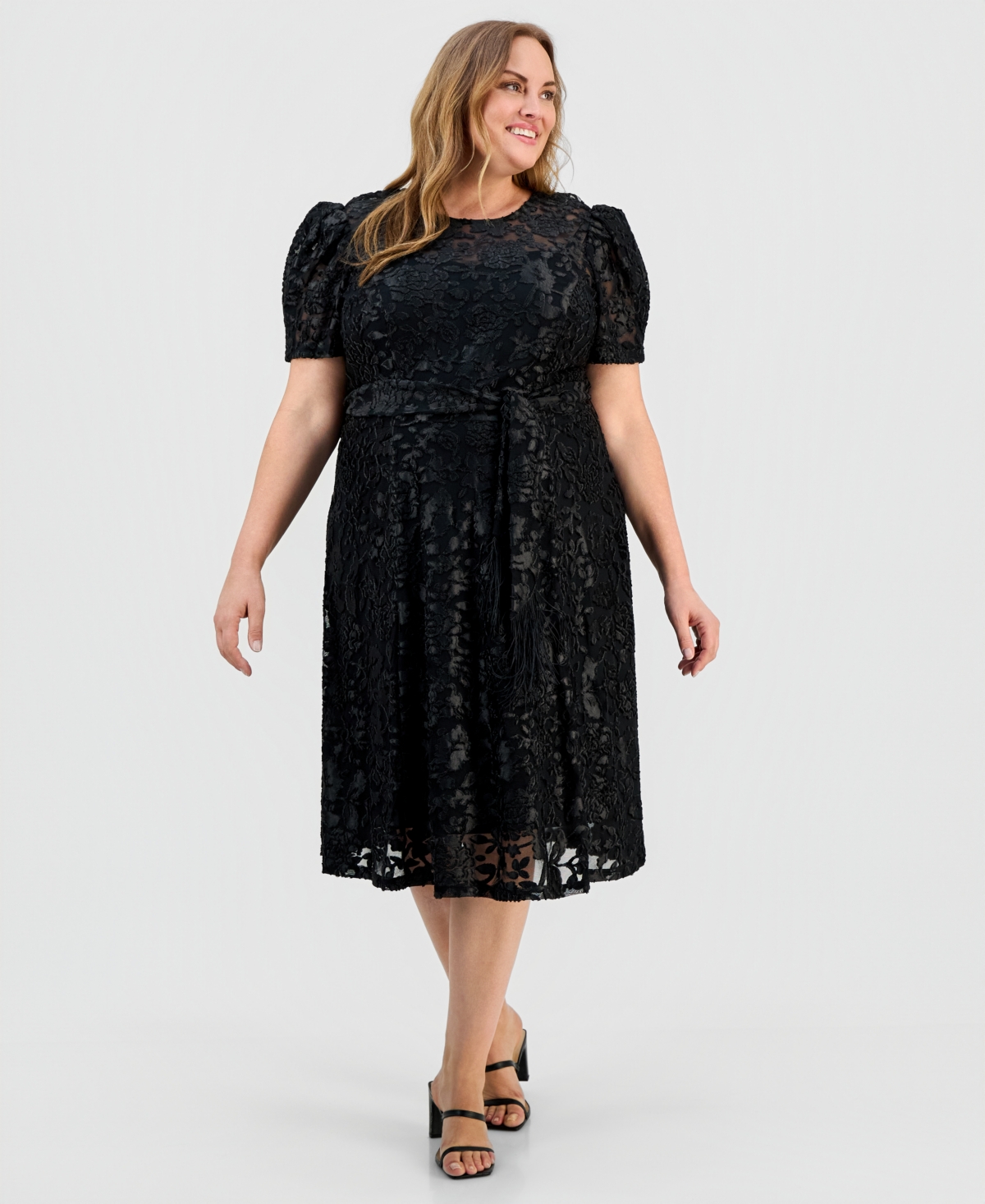 Click here for Tahari Asl Plus Size Puff-Sleeve Burnout Midi Dres... prices