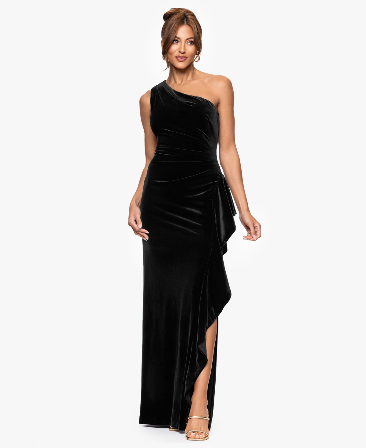 Click here for Xscape Womens Velvet One Shoulder Long Ruffle Dres... prices
