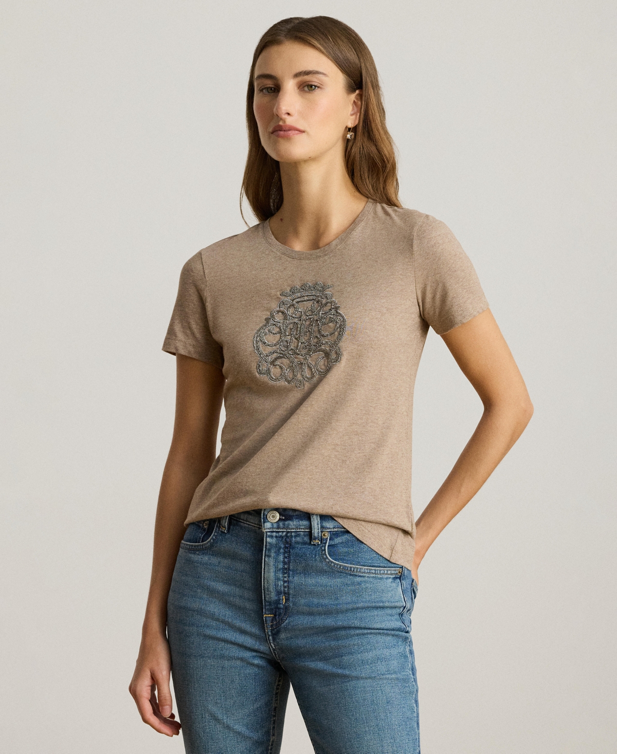 Lauren Ralph Lauren Womens Beaded-Crest Jersey T-Shirt - Adirondack Heather