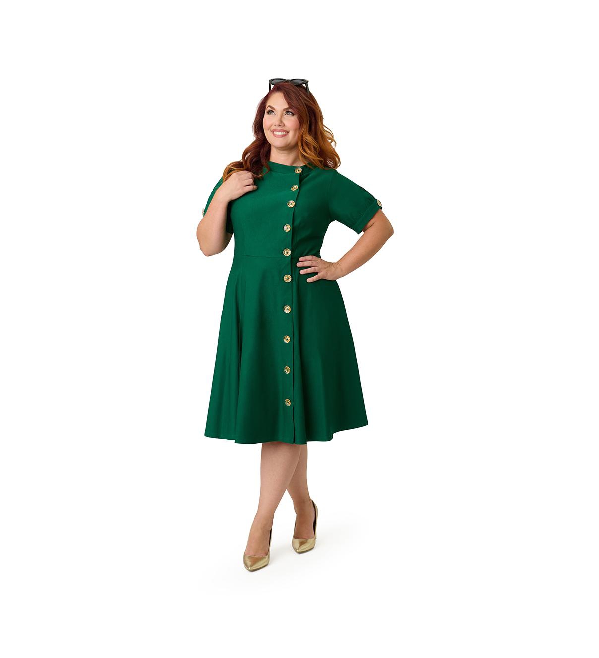 Unique Vintage Plus Size 1950s Contrast Button Swing Dress - Green
