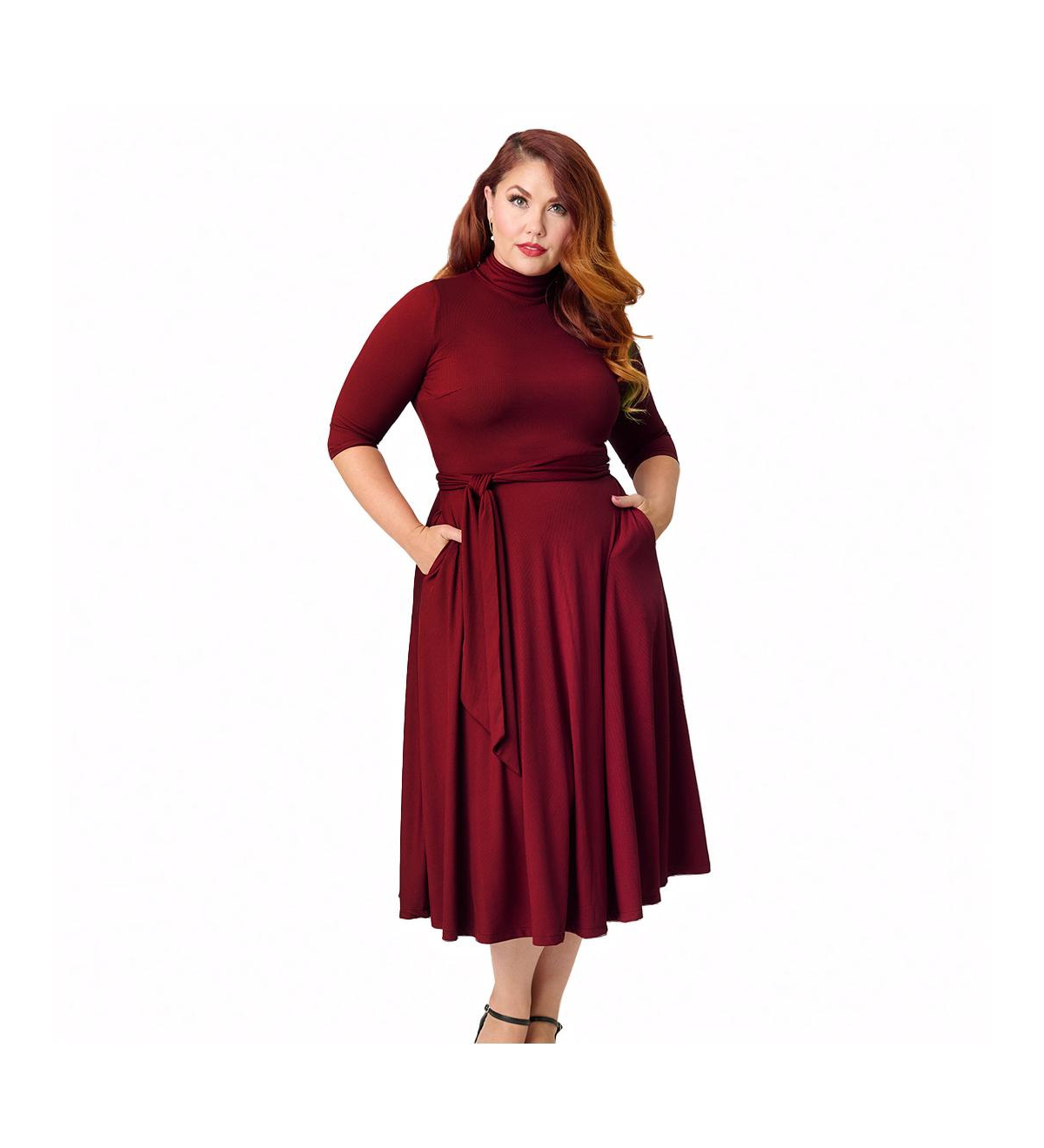 Unique Vintage Plus Size 1950s Turtleneck Midi Dress - Burgundy