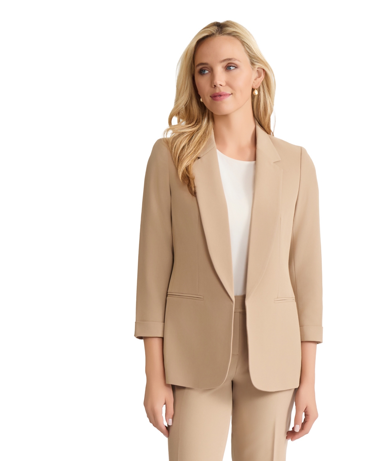Jones New York Womens Notched Collar Jacket with Rolled Sleeves - Praline
